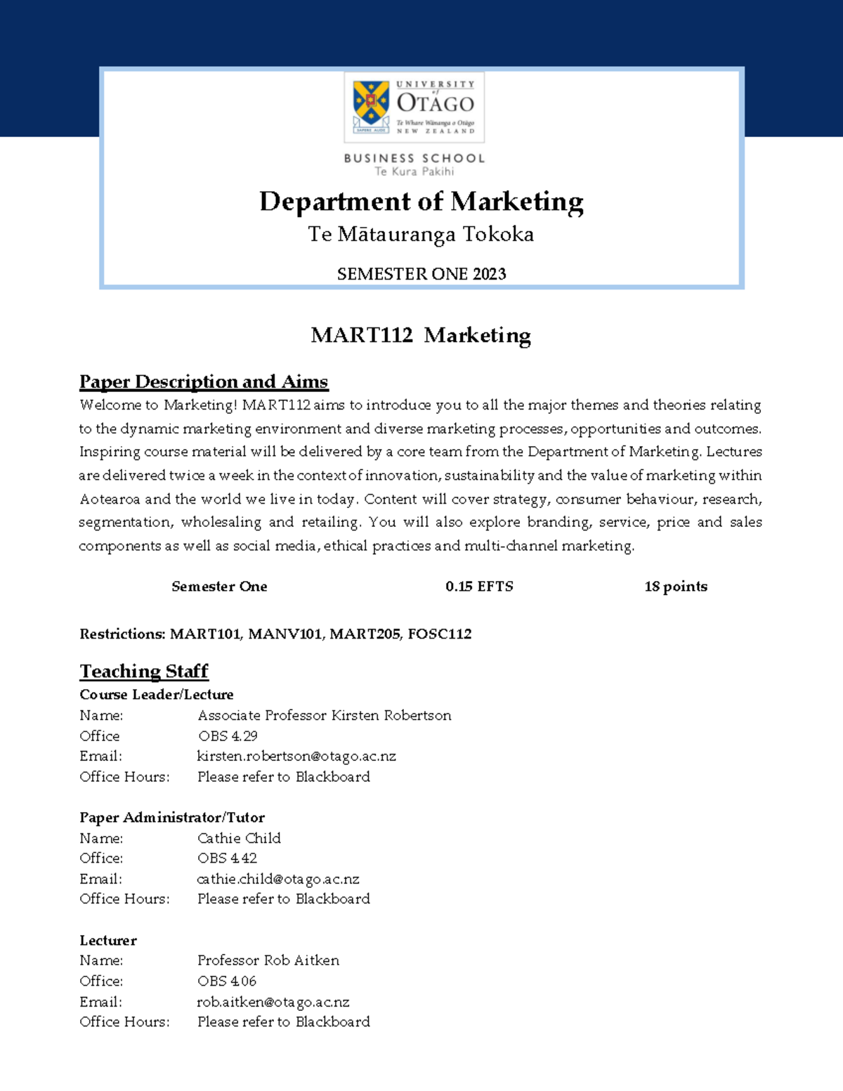 MART 112 Course Outline - Department of Marketing Te Mātauranga Tokoka ...