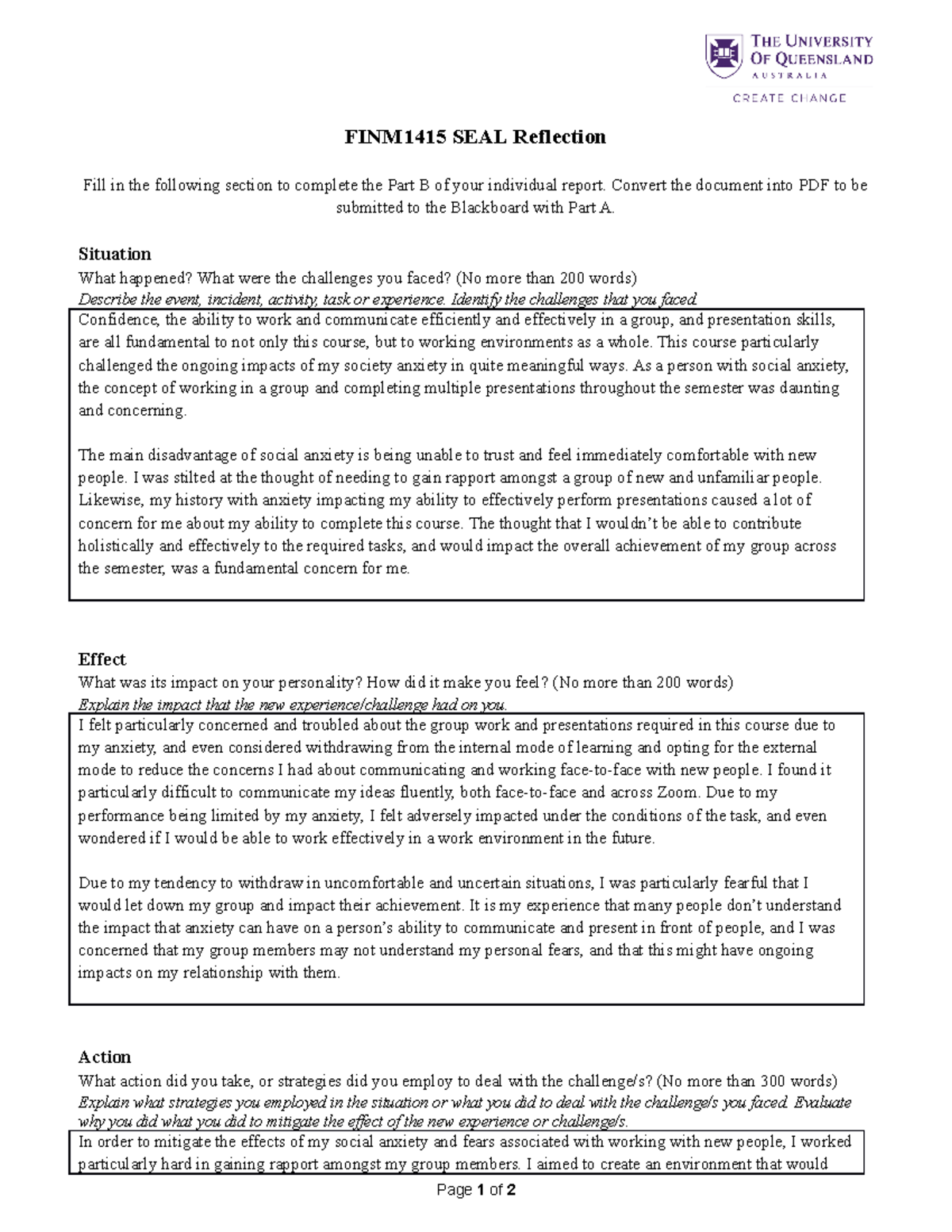 FINM1415 SEAL Reflection S1 2022 - FINM1415 SEAL Reflection Fill in the ...