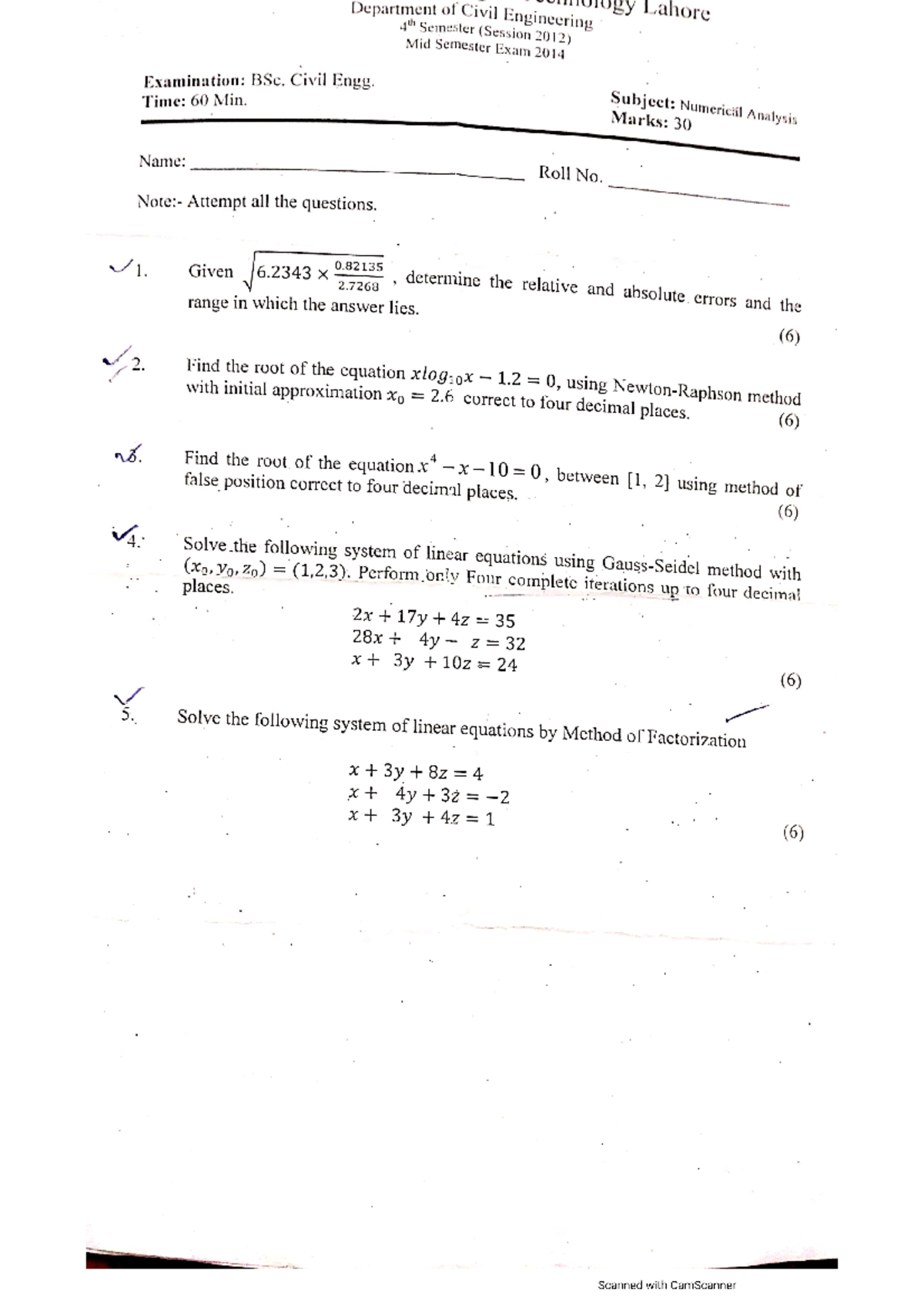FINAL 1 4 March 2019, questions - Numerical Analysis - Studocu