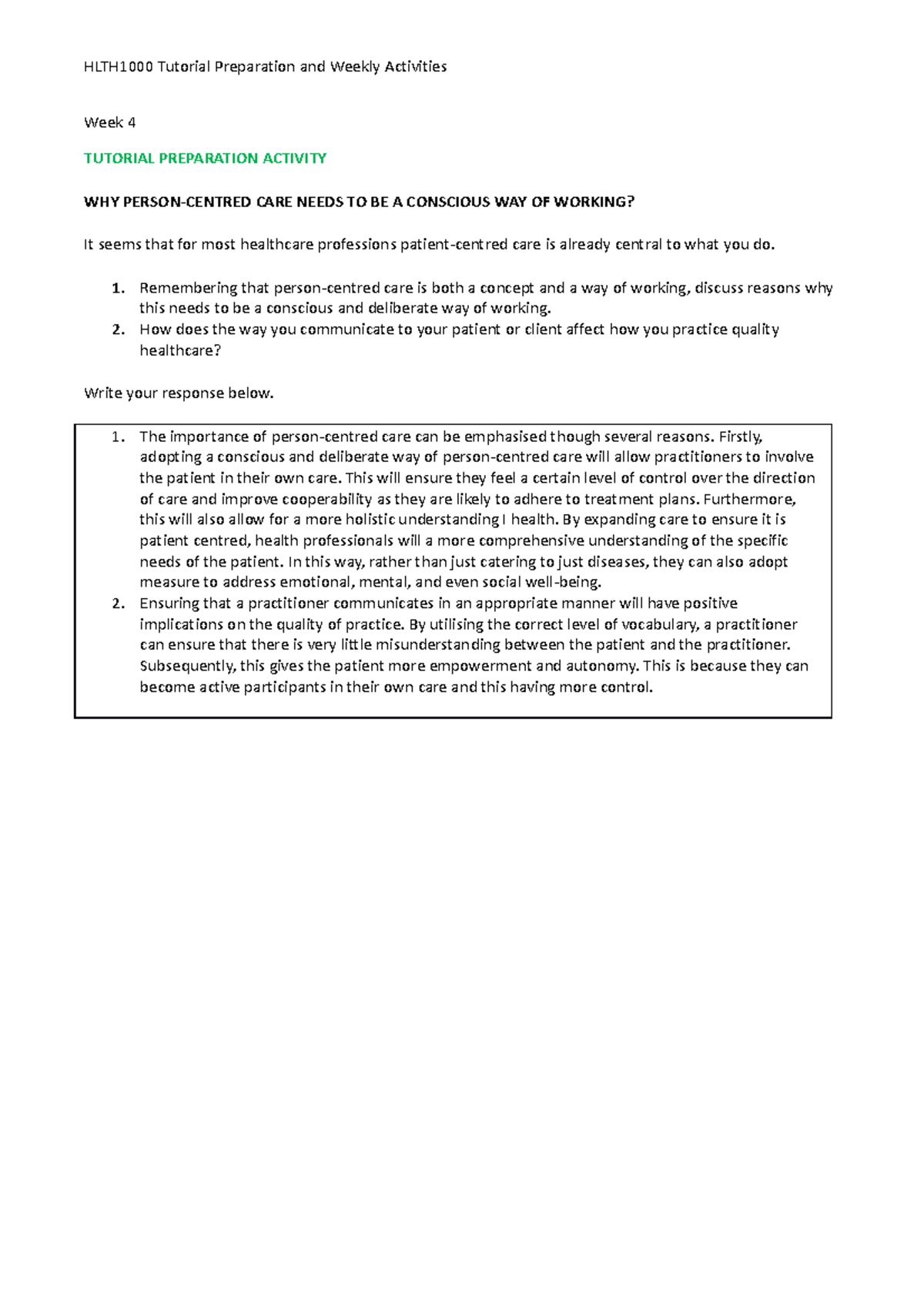 Week 4 tutorial preparation and weekly activities - HLTH1000 Tutorial Preparation and Weekly ...