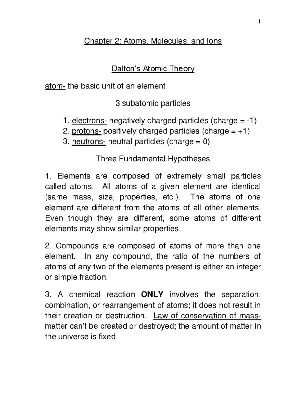 Chapter 2 notes - Chapter 2: Atoms, Molecules, and Ions Dalton’s Atomic ...