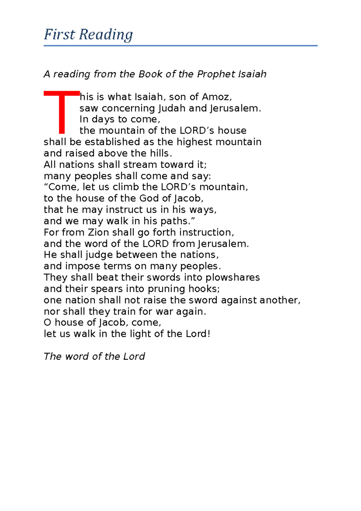Ad 1A - Readings - First Reading A reading from the Book of the Prophet ...