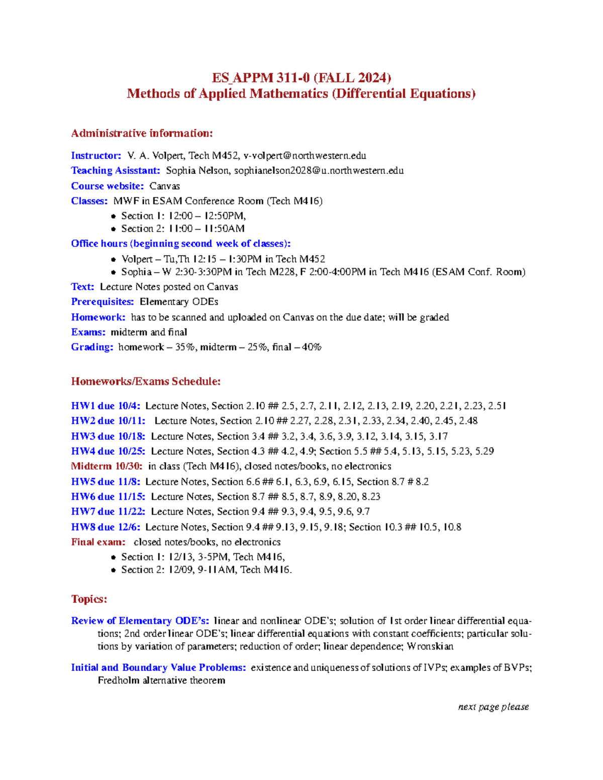 Math 311 Course Syllabus - ES APPM 311-0 (FALL 2024) Methods of Applied Mathematics ...