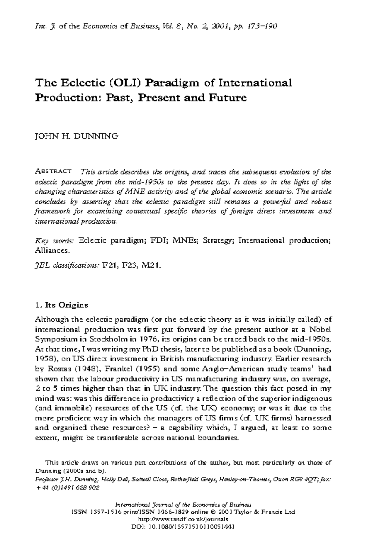 14. Dunning - The Eclectic (OLI) Paradigm of International Production ...