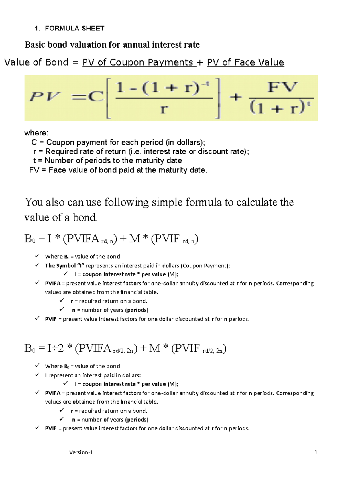 ACCT1060 - Formula Sheet Updated 15 08 2019 - FORMULA SHEET Basic bond ...