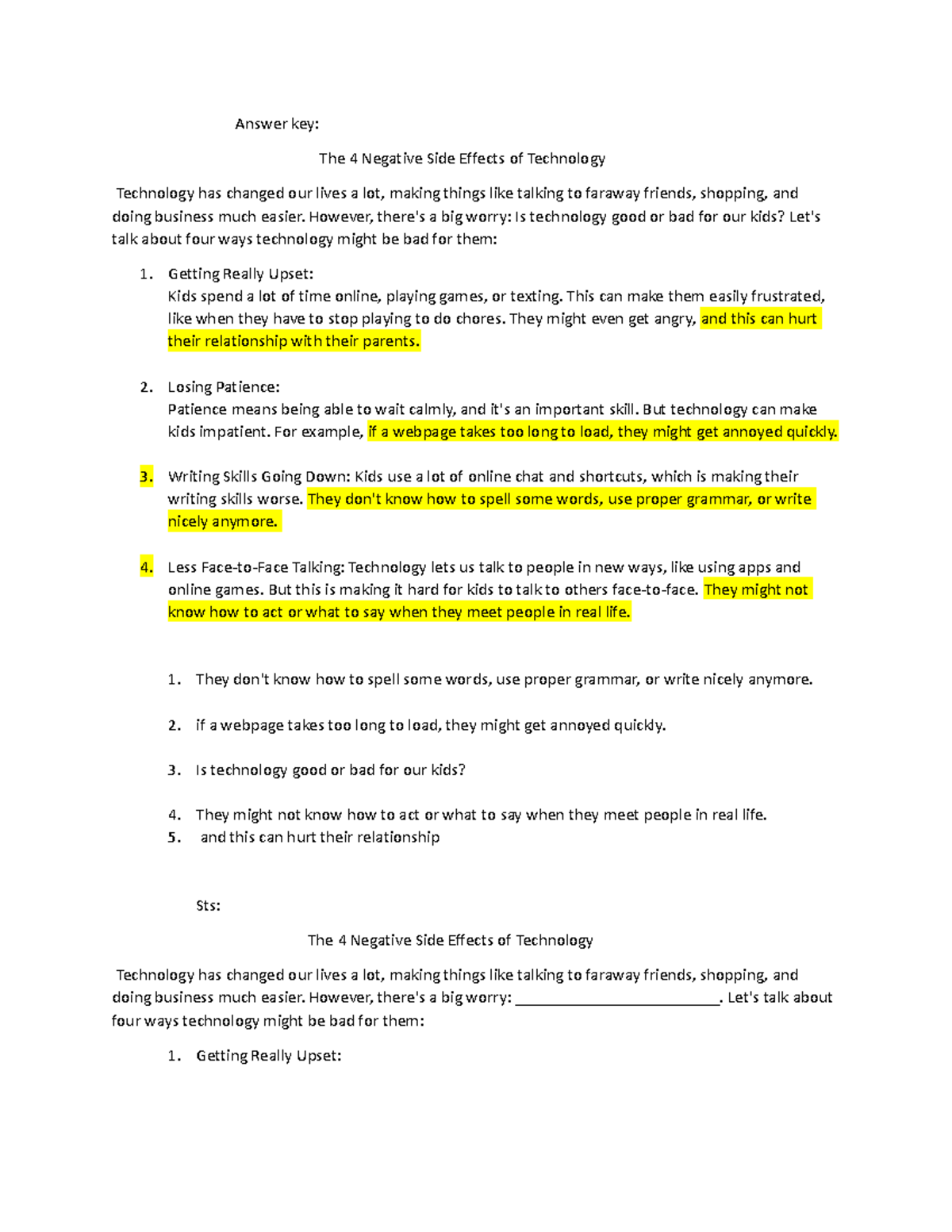 How Technology Can Affect Kids Negatively simplifed - Answer key: The 4 ...