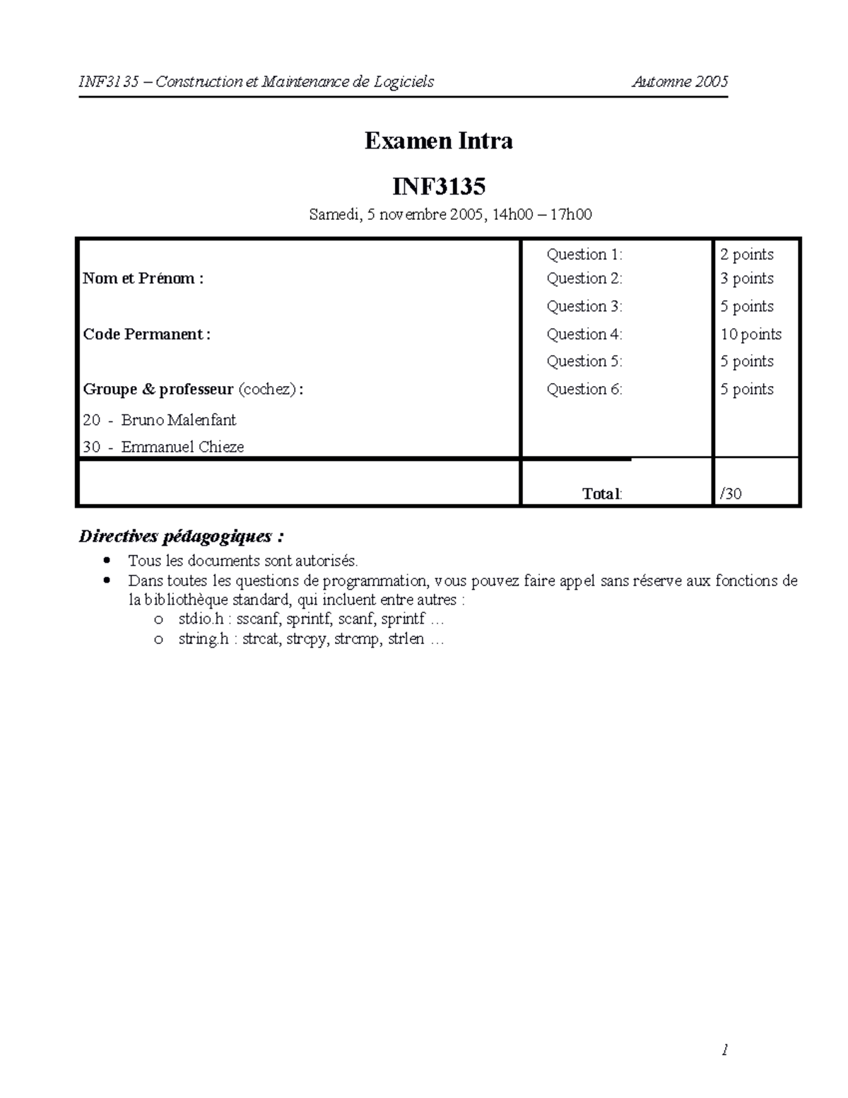 Intra-053 - Intra-05-H - Examen Intra INF Samedi, 5 novembre 2005, 14h00 – 17h Question 1: 2 ...