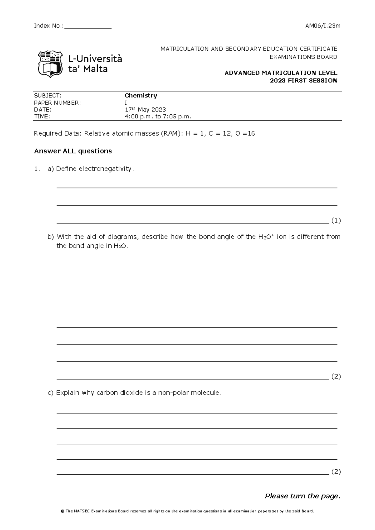 Chemistry May 2023 A level Past Paper - Index No.:_____________ AM 06 ...