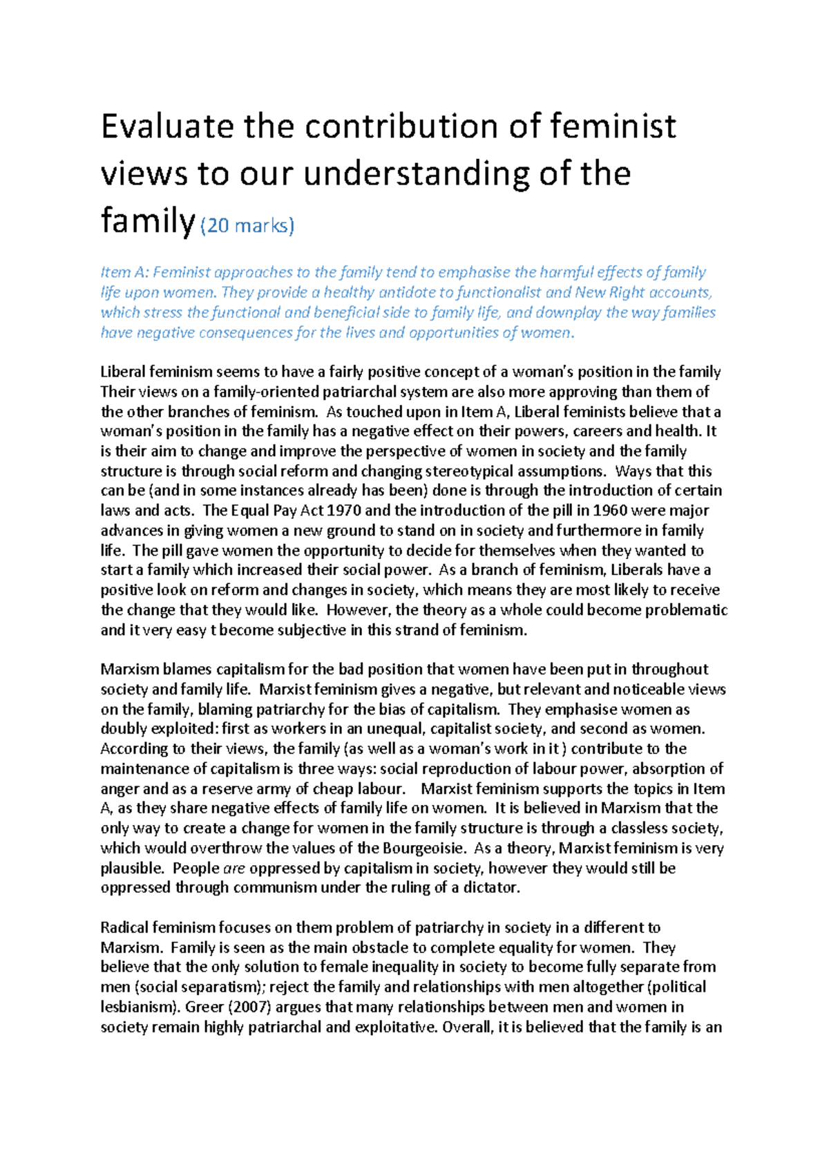 Feministviewsonthefamily 20marks - Evaluate the contribution of ...