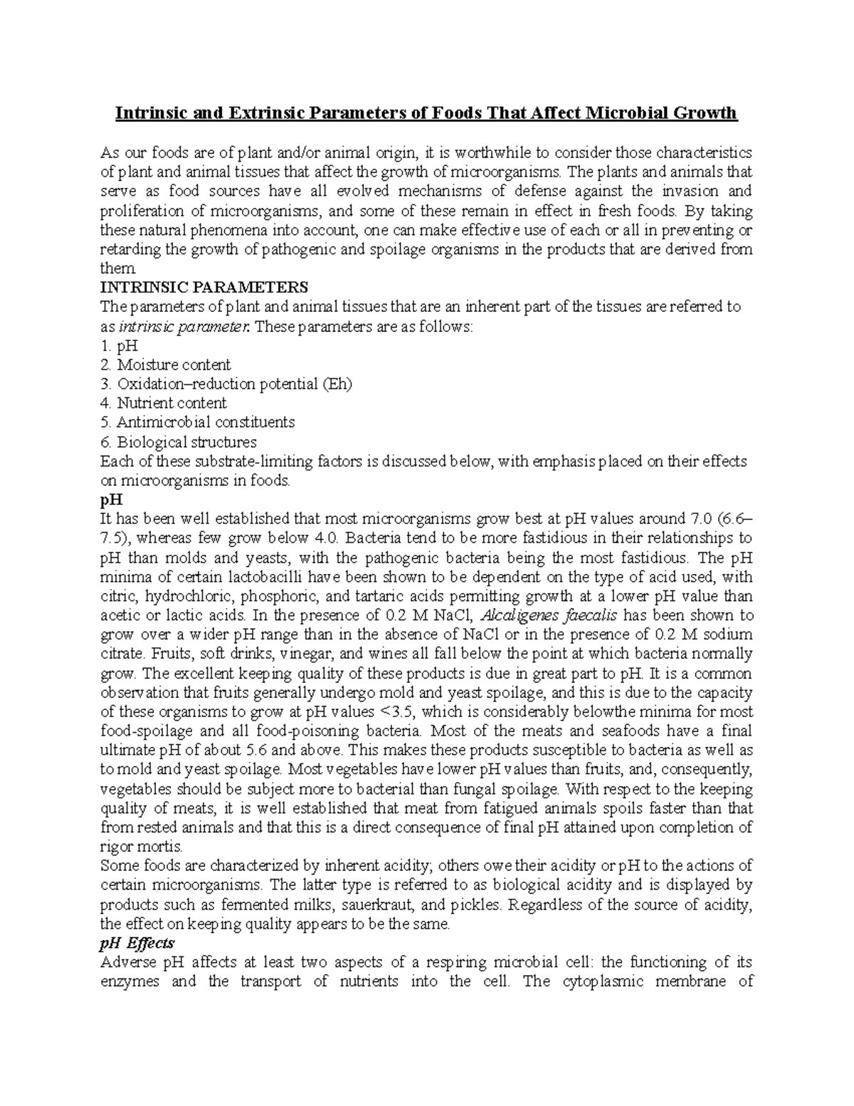Intrinsic And Extrinsic Parameters Of Foods That Affect Microbial