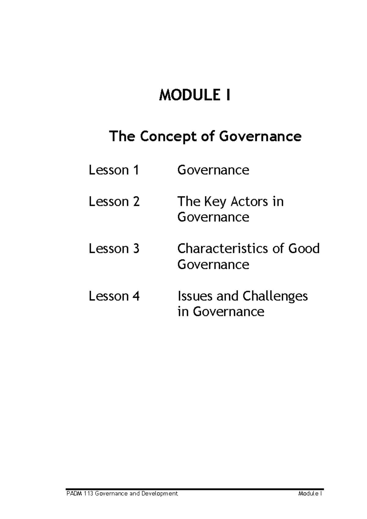 Module 1 -PADM113 Governance AND Development - MODULE I The Concept of ...