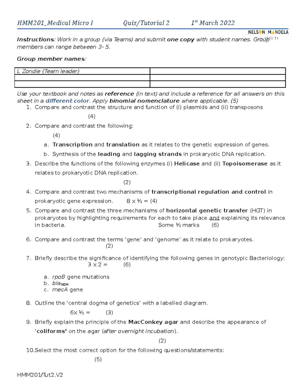 TUT 2 HMM201-Chpt 2a 1 Mar 2022 - HMM201_Medical Micro I Quiz/Tutorial ...