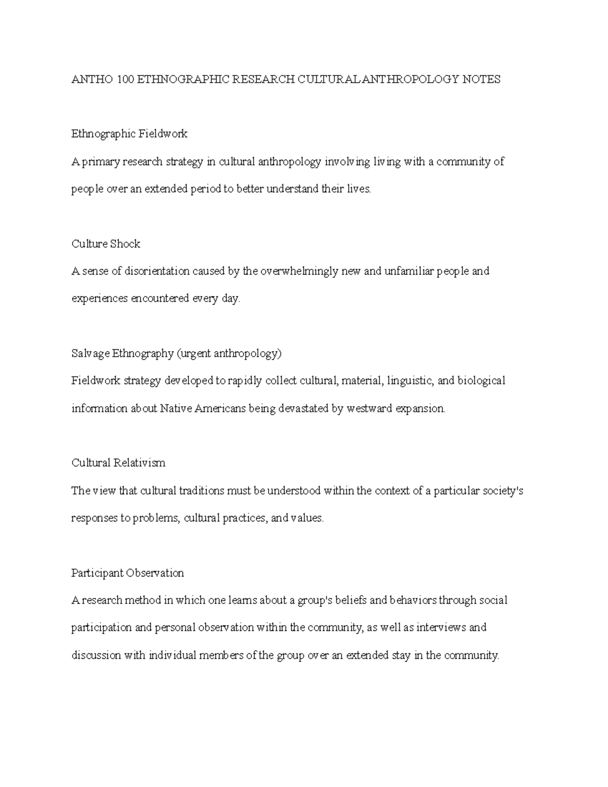 Antho 100 Ethnographic Research Cultural Anthropology Notes - ANTHO 100 ...