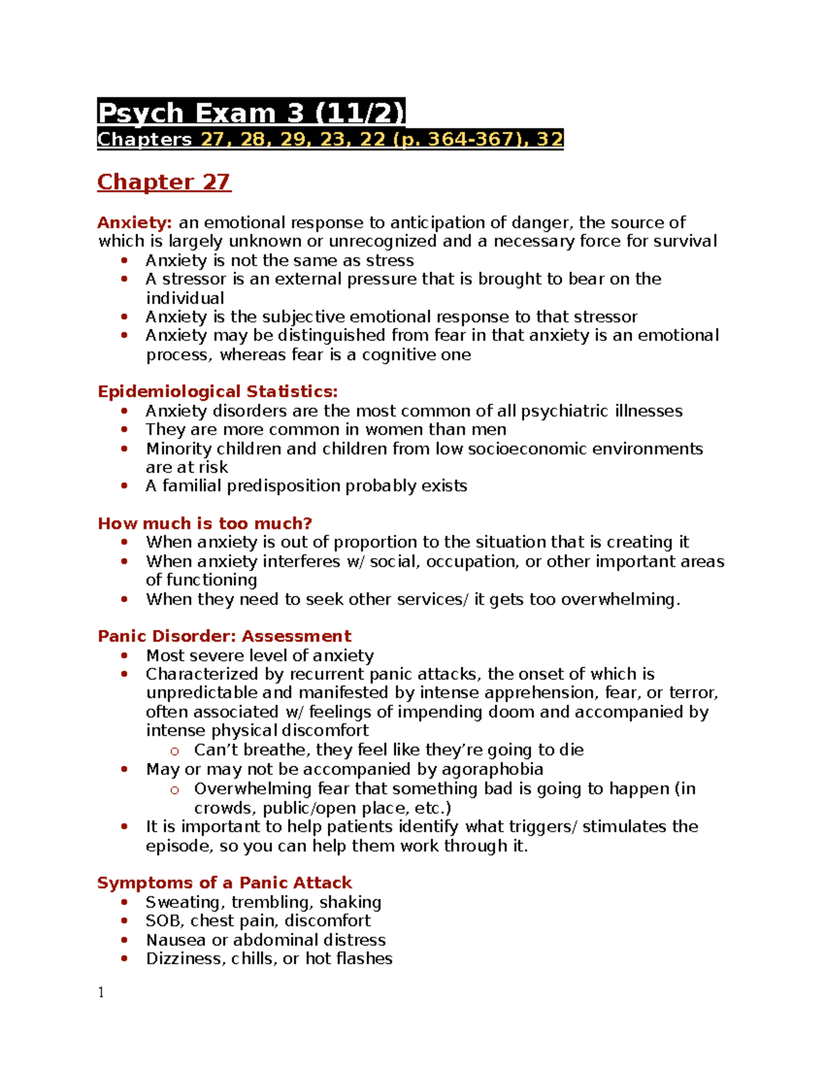 Psych Exam 3 - study guide - Psych Exam 3 Chapters 27, 28, 29, 23, 22 ...