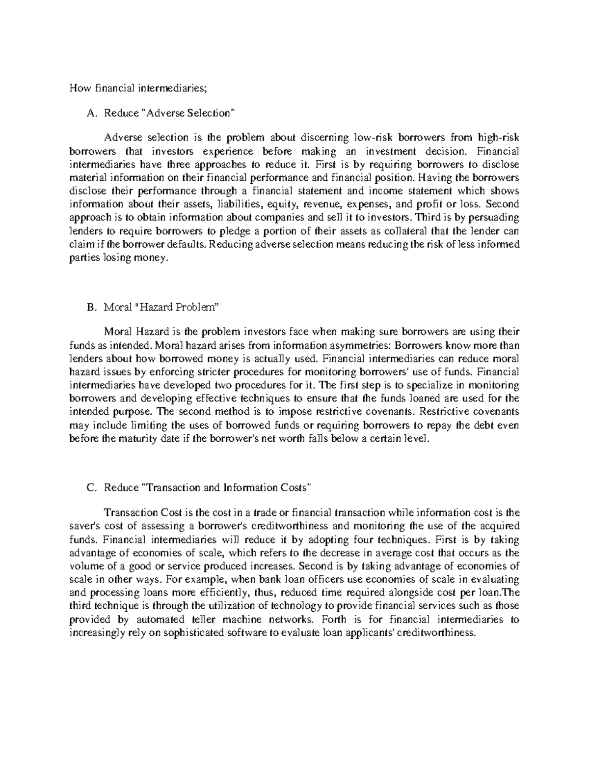 How financial intermediaries - Reduce "Adverse Selection" Adverse ...