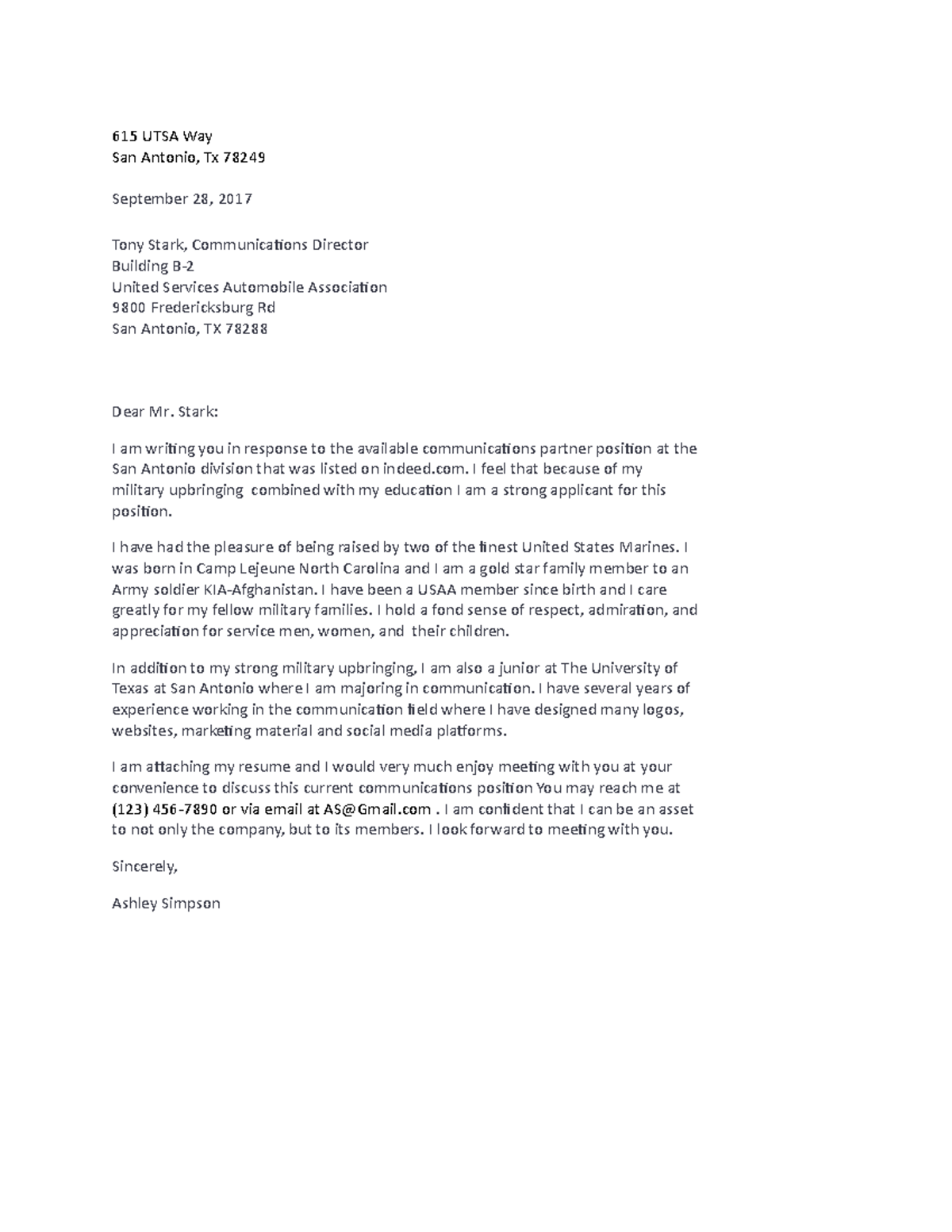 Tech writing assignment MAJOR GRADE - 615 UTSA Way San Antonio, Tx ...