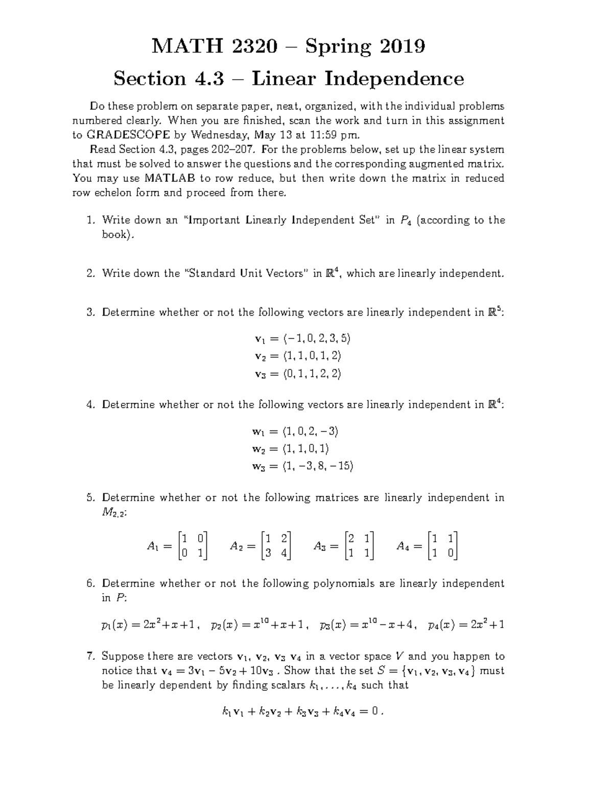 Sec4 - homework solutions - MATH 2320 – Spring 2019 Section 4 – Linear ...