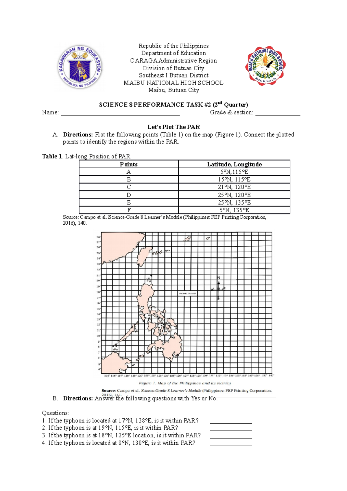 Science 8 Performance Task 2 - Republic of the Philippines Department ...