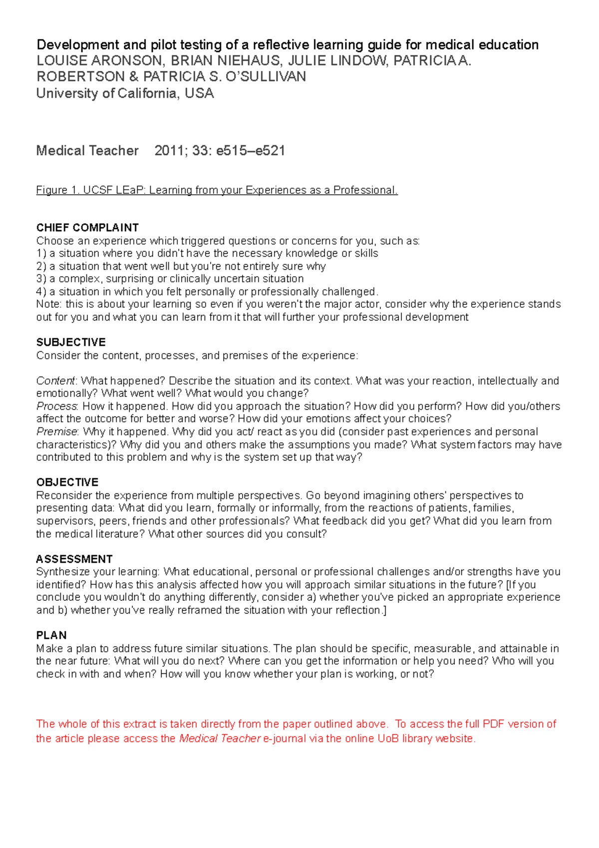 LEa P Model of Reflection - Development and pilot testing of a ...