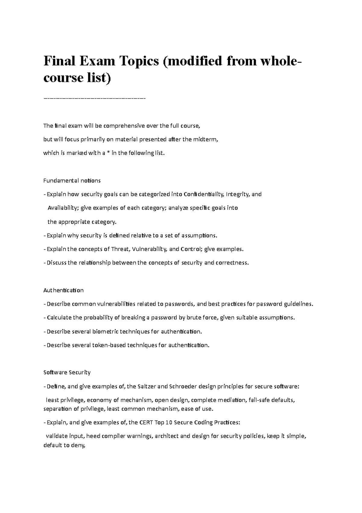 Final Exam Topics (modified from whole-course list) - Final Exam Topics ...