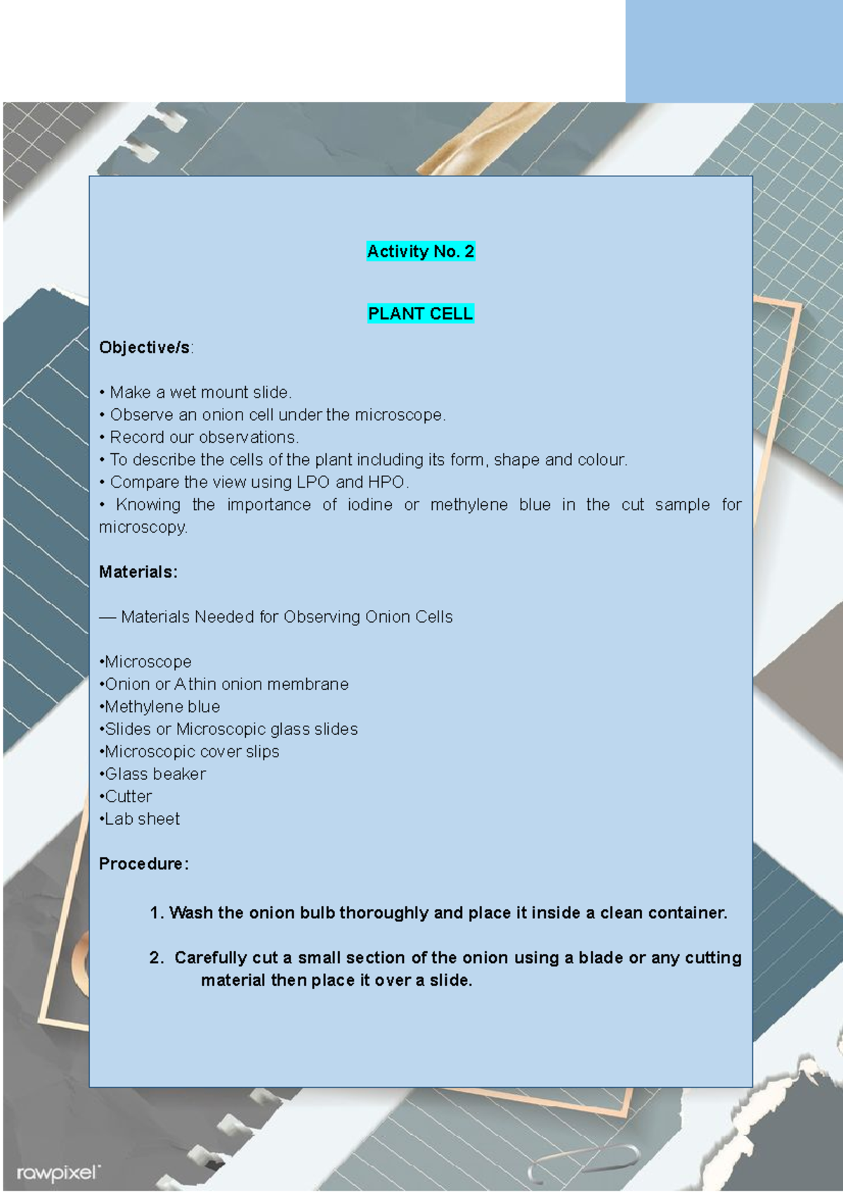 Botany DOCU. NO. 6 - Activity No. 2 PLANT CELL Objective/s: Make a wet ...