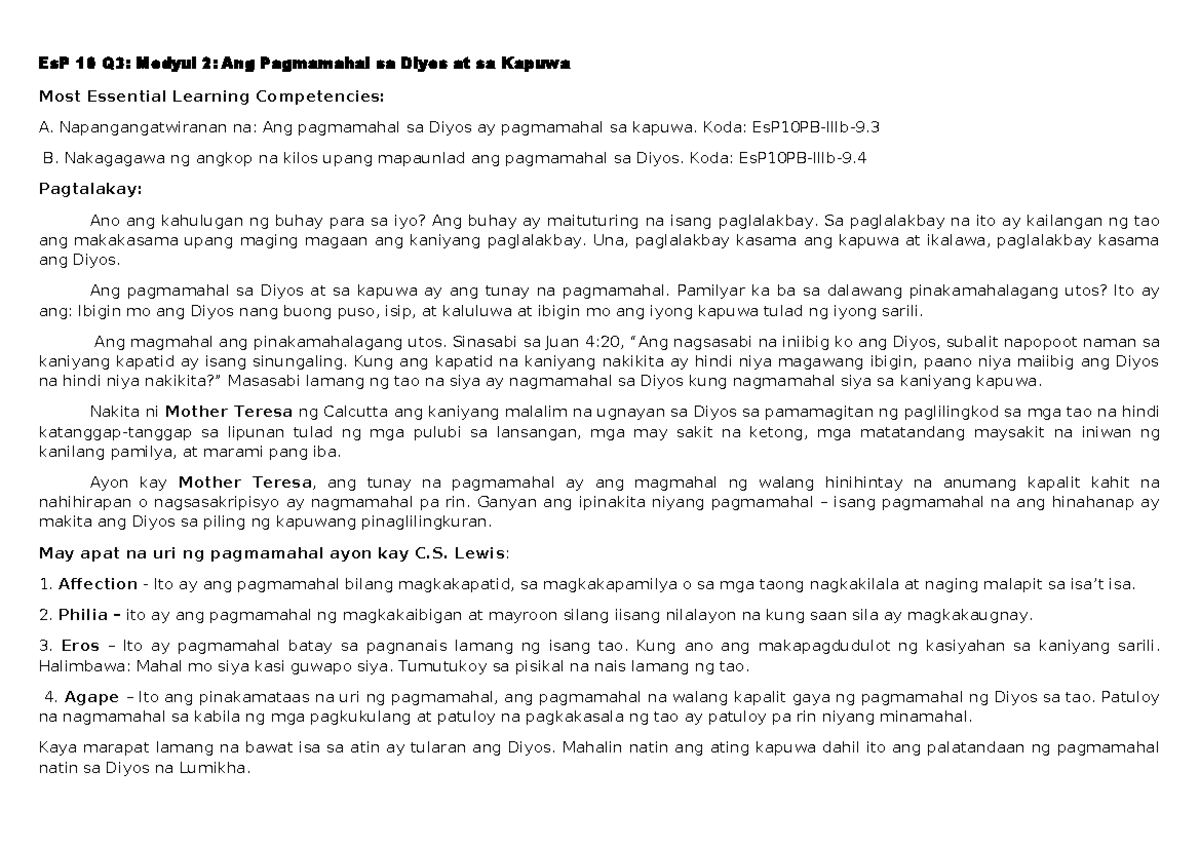 Es P-10 Q3 Modyul-2-outline - EsP 10 Q3: Modyul 2: Ang Pagmamahal sa Diyos at sa Kapuwa Most ...