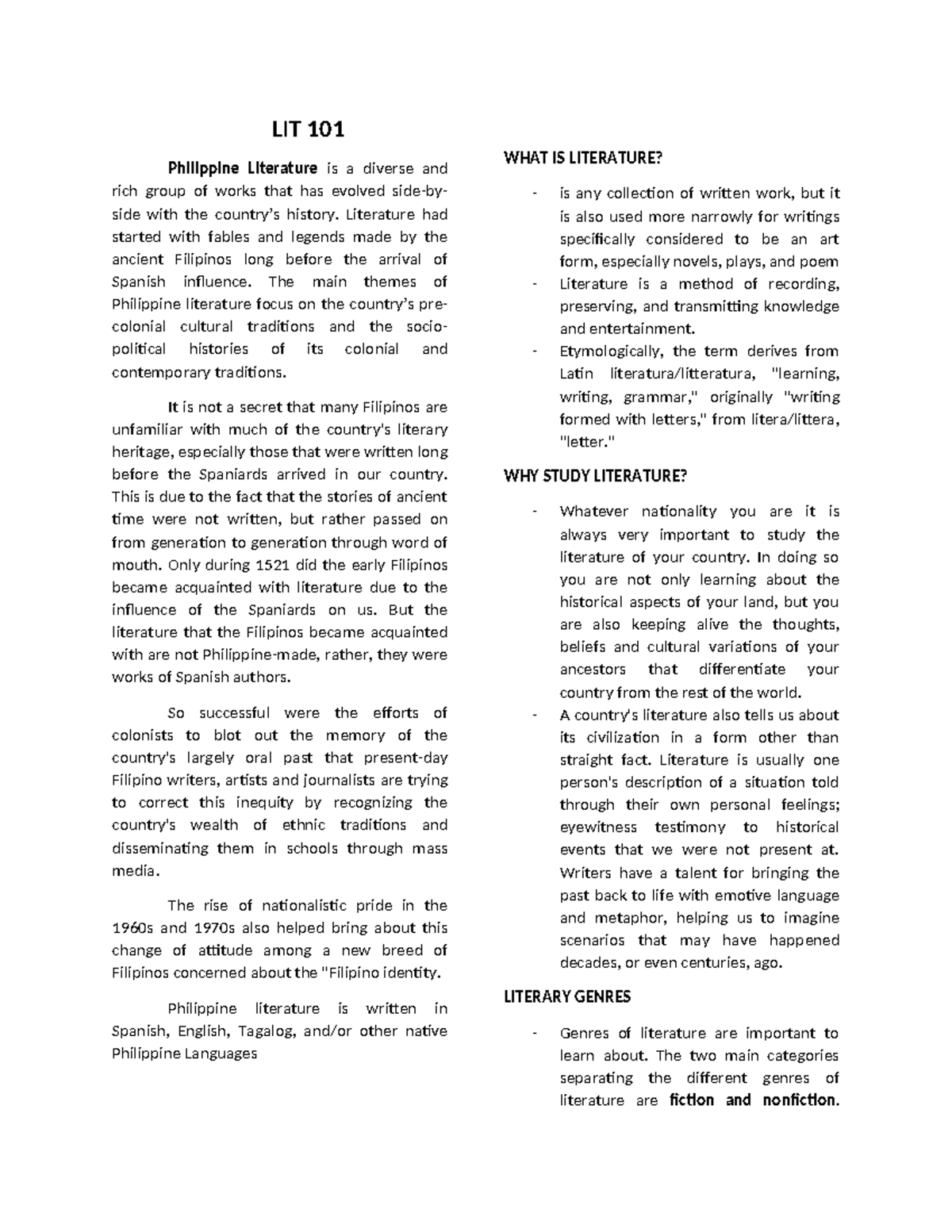 LIT-101 - Notes for LIT - LIT 101 Philippine Literature is a diverse ...