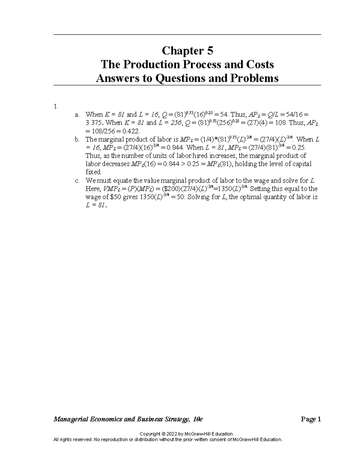 Chapter 5 Solutions - Chapter 5 The Production Process and Costs Answers to Questions and ...