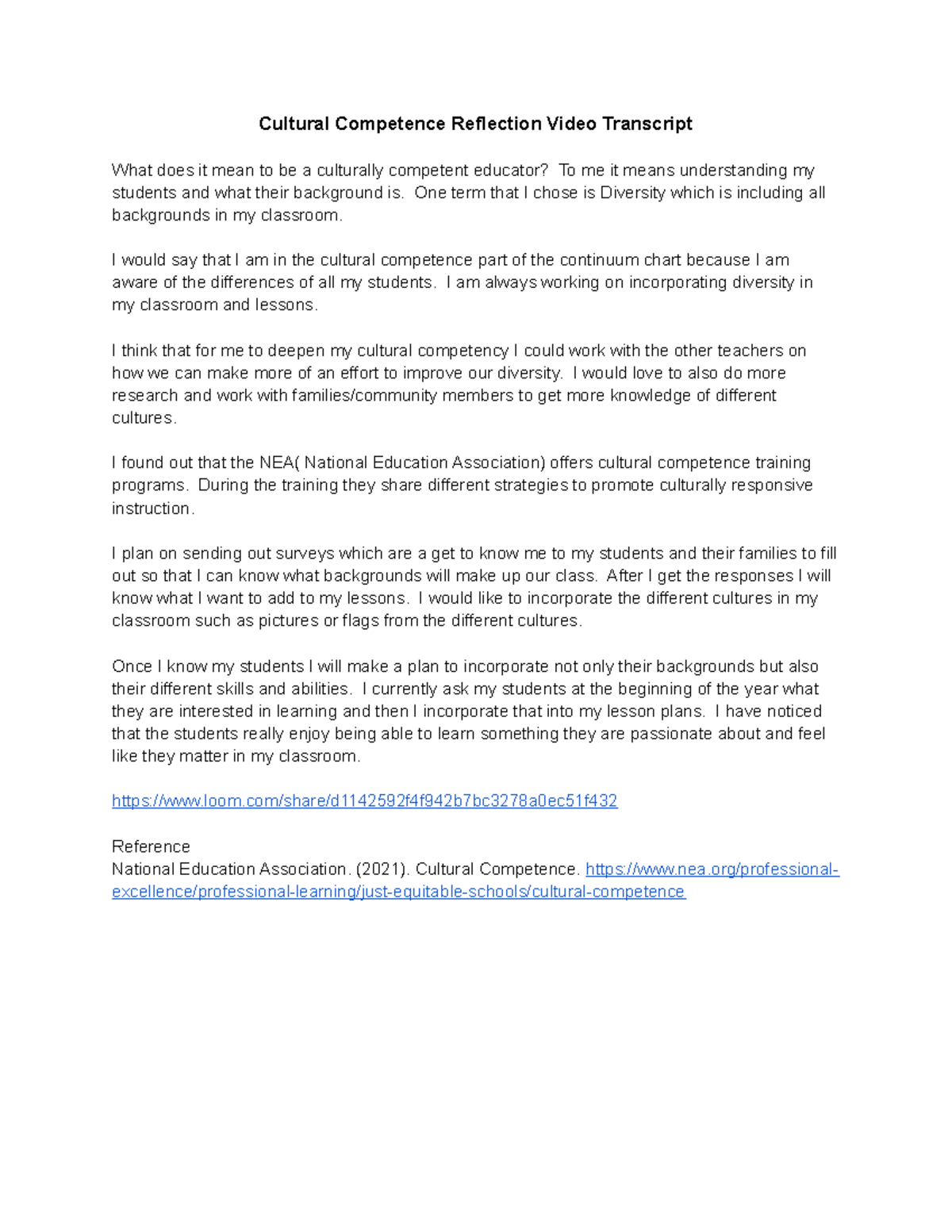 Cultural Competence Reflection Video Transcript - One term that I chose ...