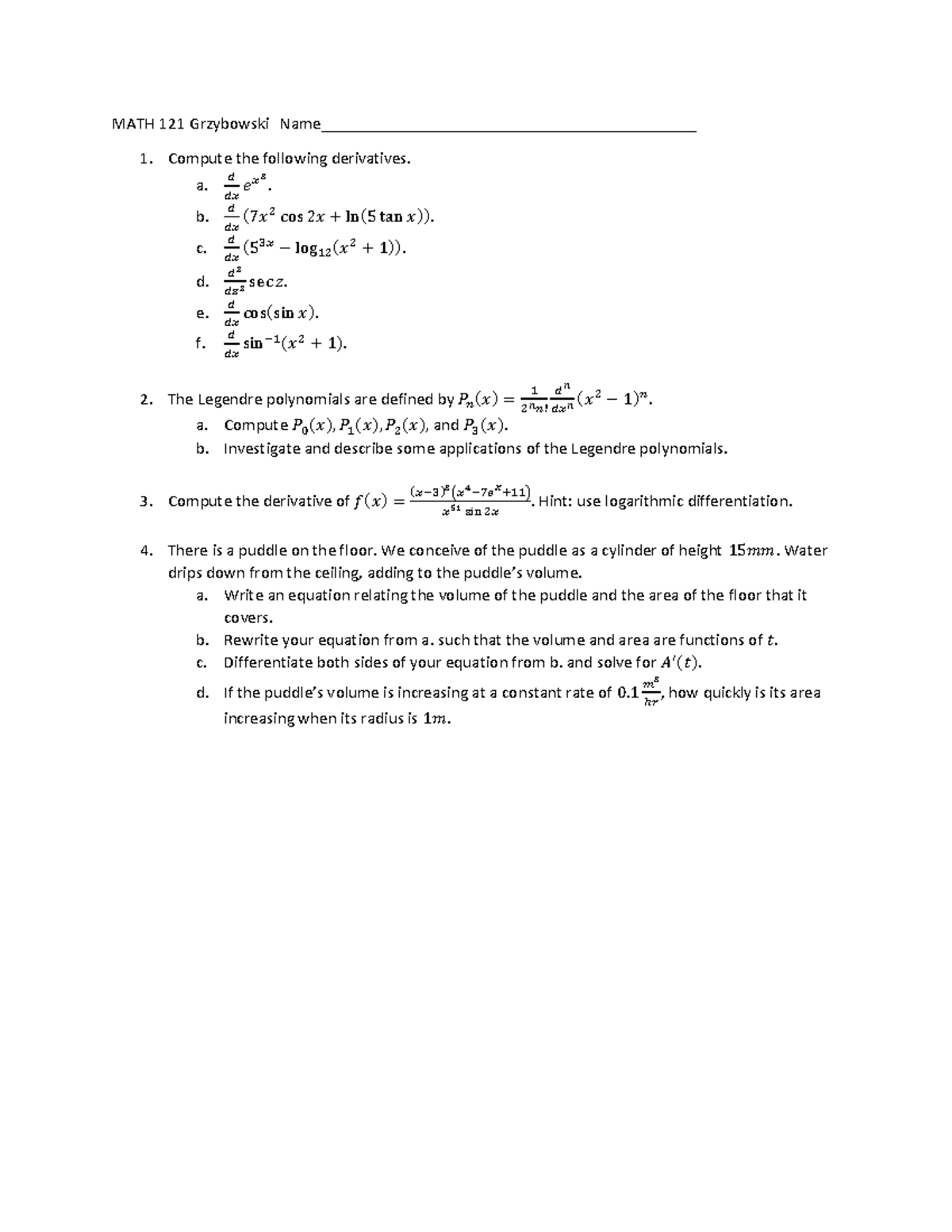 MATH 121 Worksheet 5 - Calculus - MATH 121 Grzybowski - Studocu