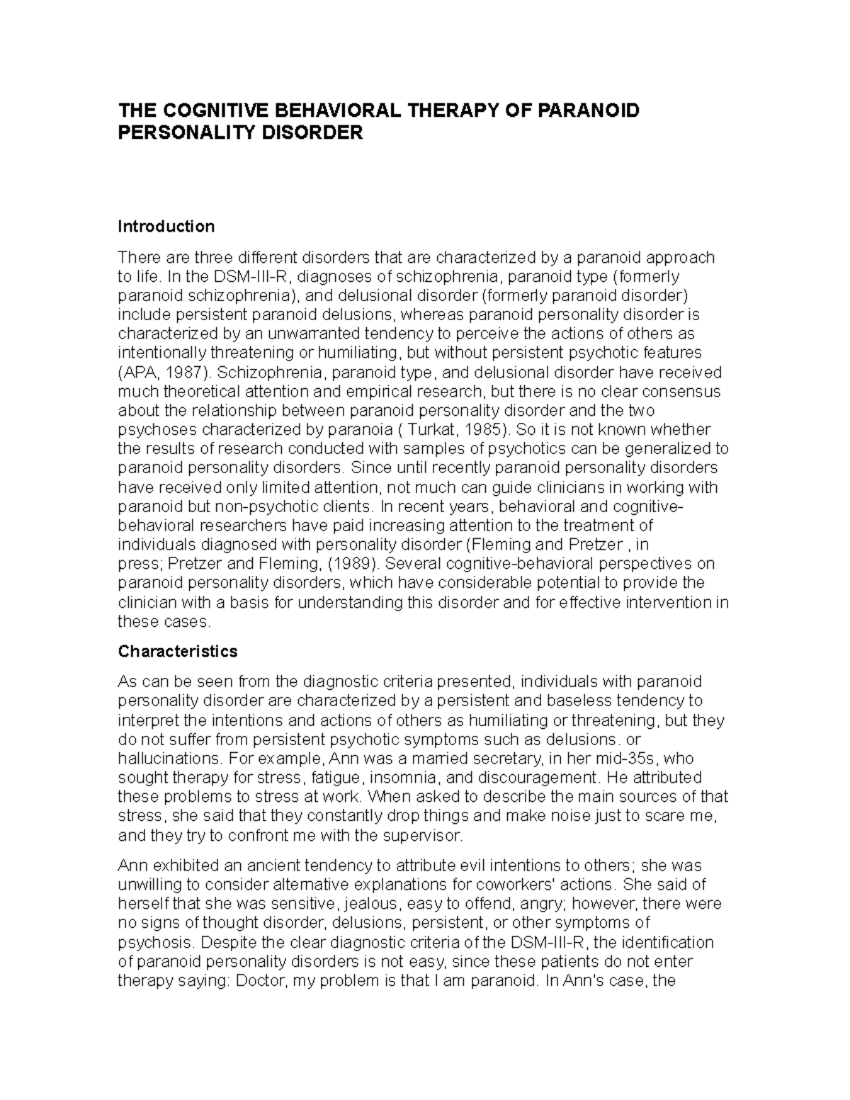 The cognitive behavioral therapy of paranoid personality disorder - THE ...