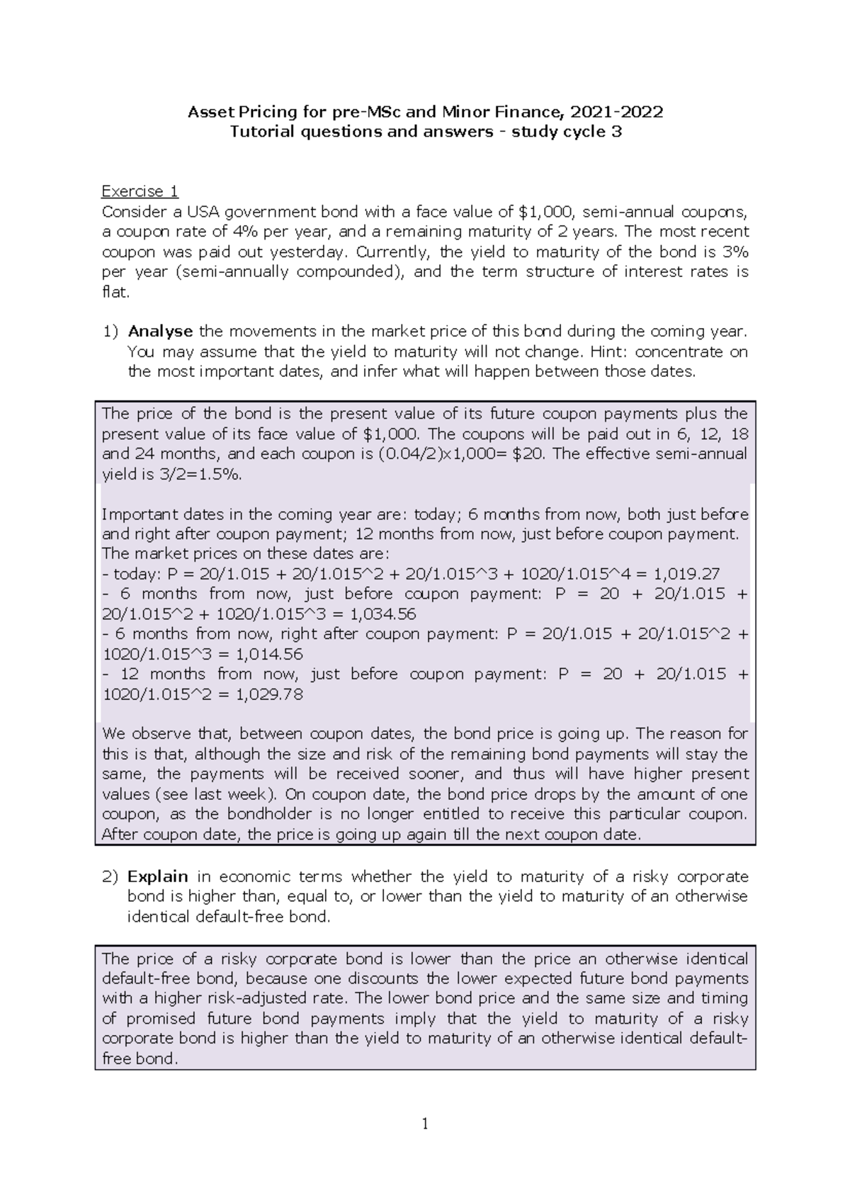 AP tutorial exercises 2021-2022 cycle 3 - answers - Asset Pricing for ...