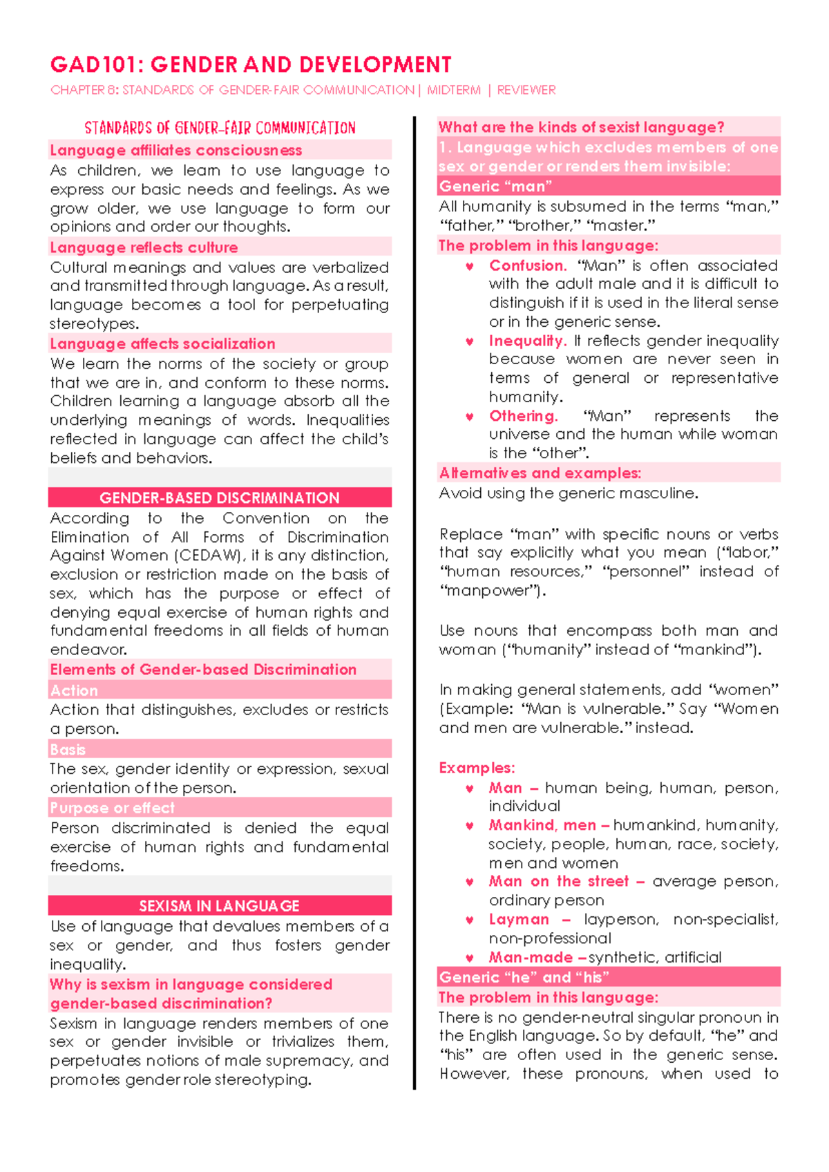 GAD101 CH8 Midterm Notes - CHAPTER 8: STANDARDS OF GENDER-FAIR ...