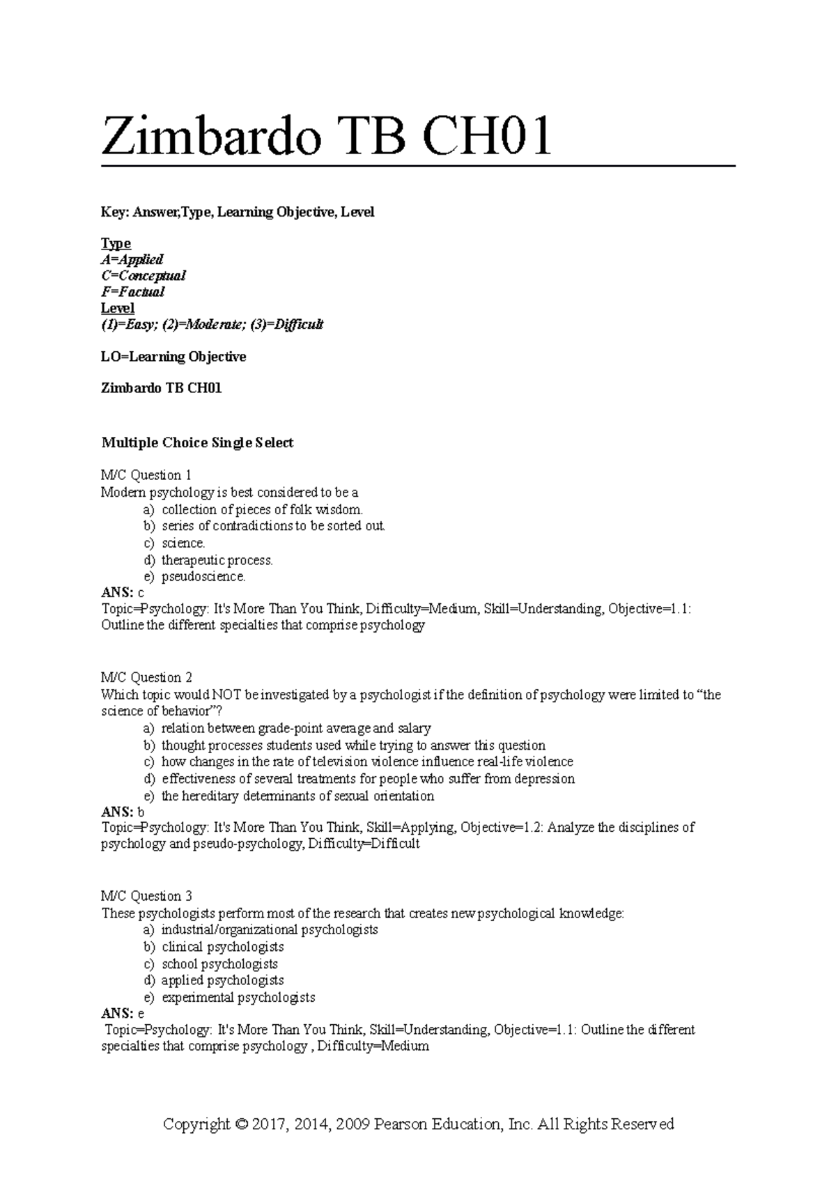 Zimbardo 8e Ch01 Test Bank Zimbardo Tb Ch Key Answer Type Learning