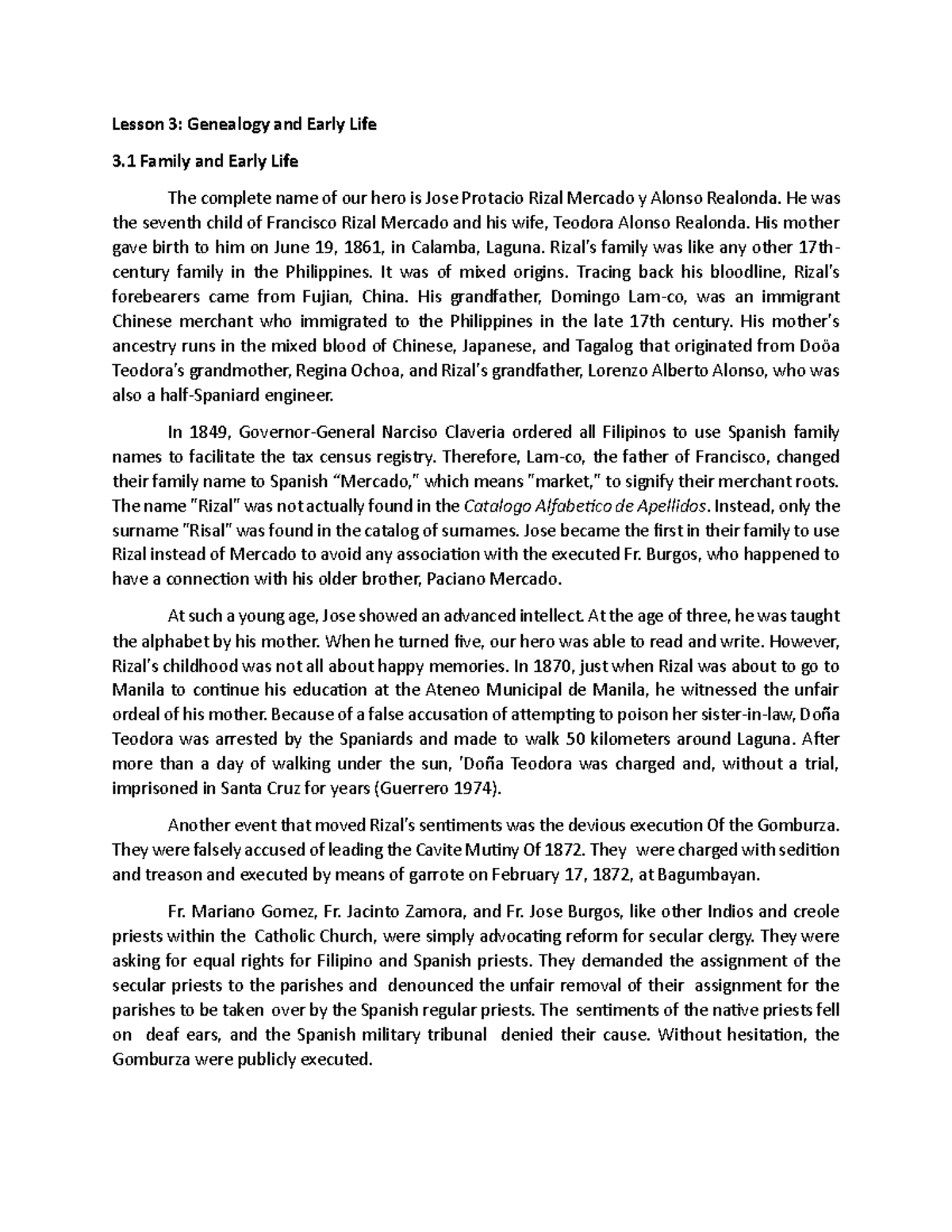 Rizal Life and Works Lesson 3- General Education Lecture Notes and ...