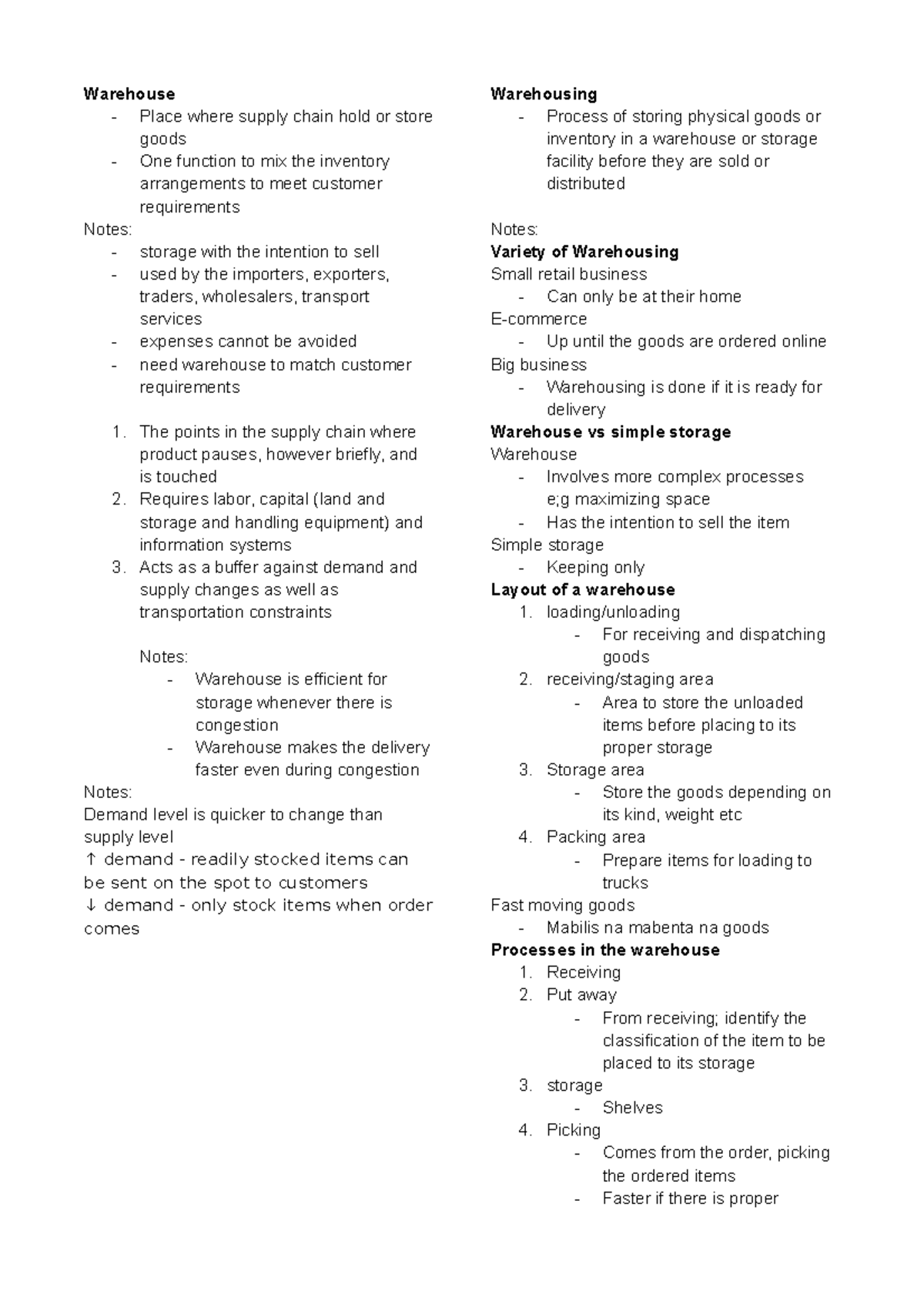 WOM notes 1st sem - warehouse operation management - Warehouse - Place ...