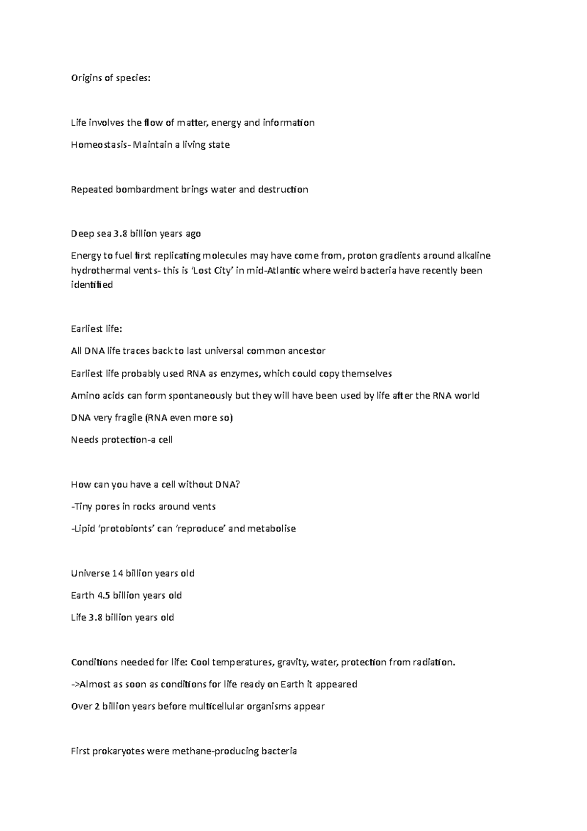 Origins of species - Lecture notes - Origins of species: Life involves ...