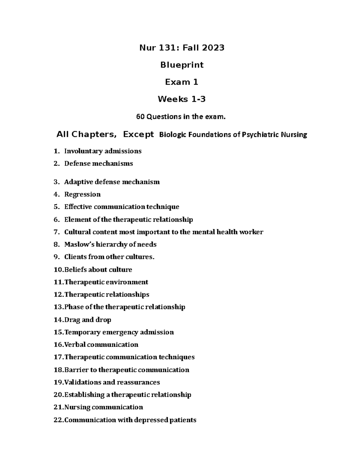 Blueprint Test 1 Fall 2023 - Nur 131: Fall 2023 Blueprint Exam 1 Weeks ...