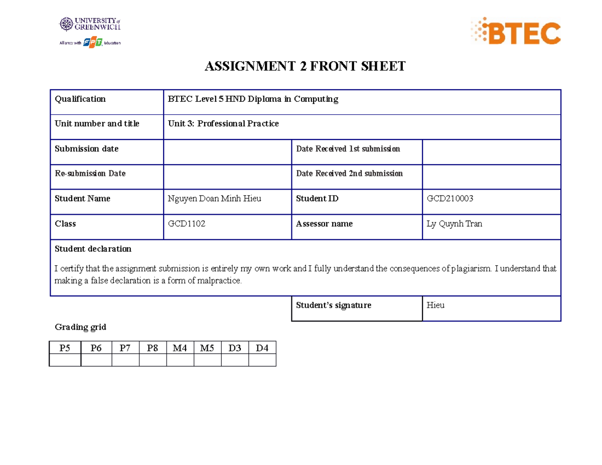 Asm2 1620 - ASSIGNMENT 2 FRONT SHEET Qualification BTEC Level 5 HND ...