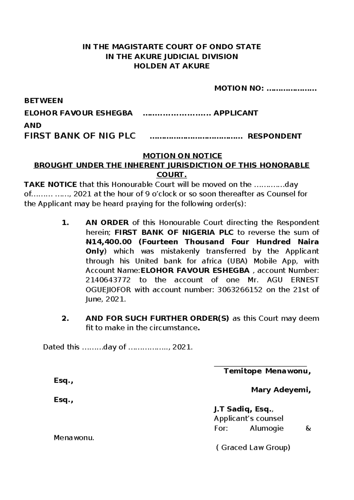 Bankers Order - bank Procedure to reverse money - IN THE MAGISTARTE ...