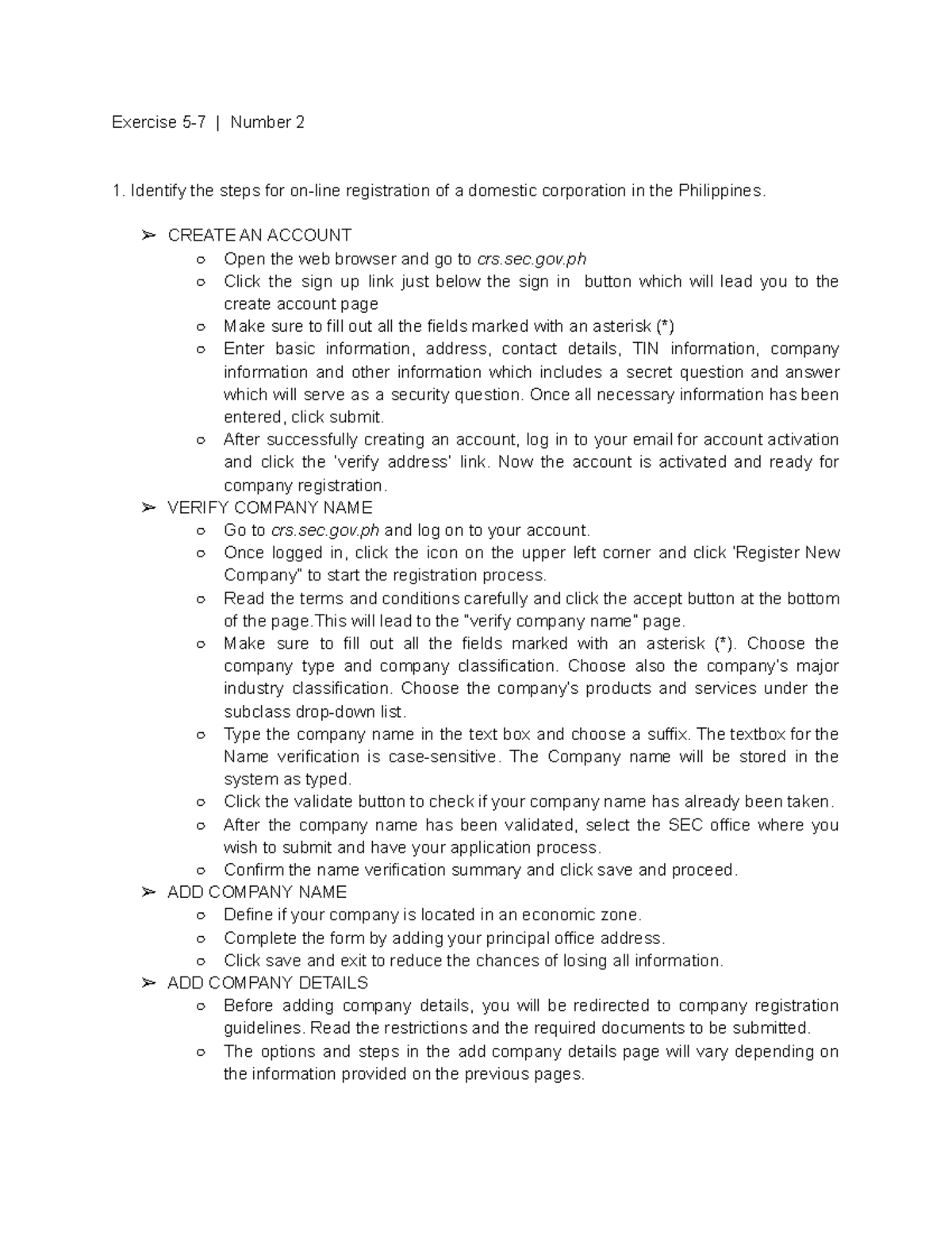 Corporation Registration Notes - Exercise 5-7 | Number 2 Identify the ...