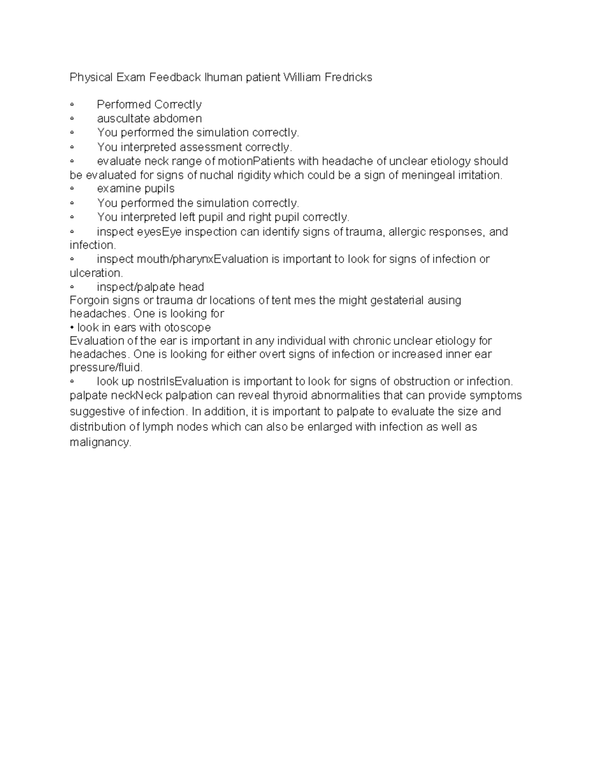 Physical Exam Feedback Ihuman patient William Fredricks - You ...