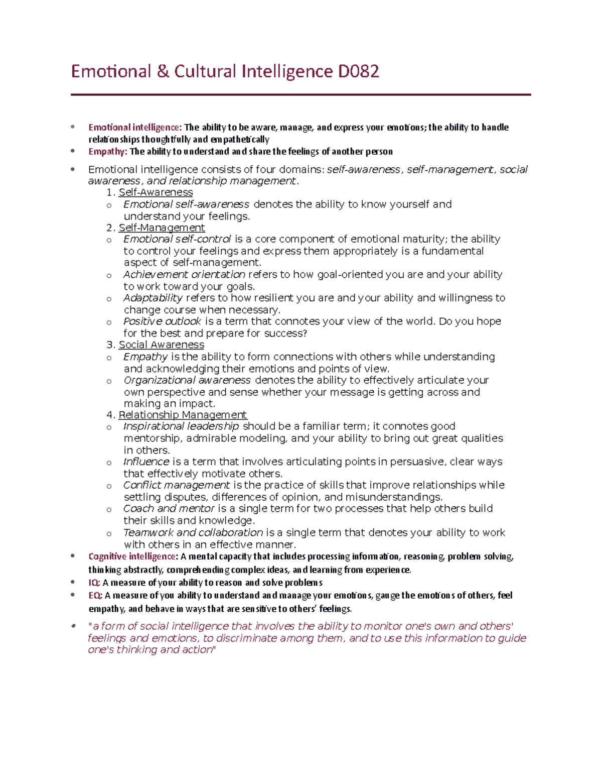 Emotional - Notes - Emotional & Cultural Intelligence D Emotional ...