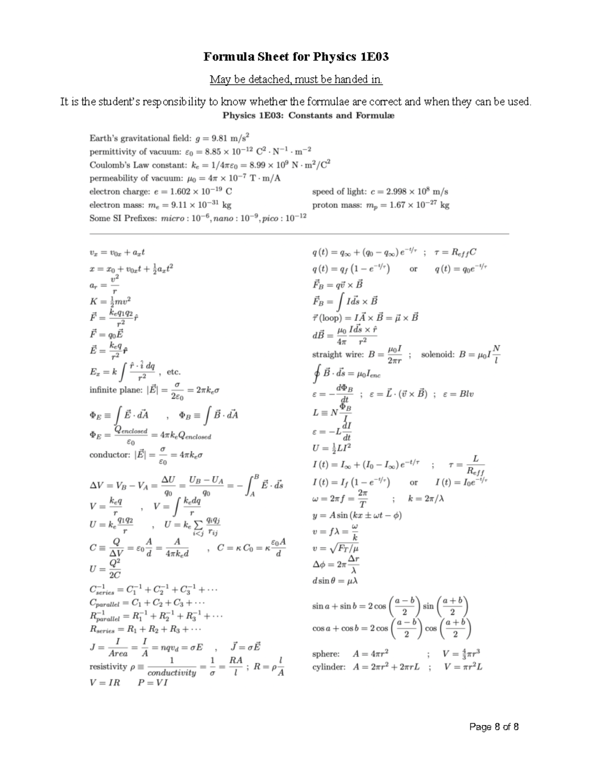 Formula Sheet - Commerce 1E03 - It is the student’s responsibility to ...