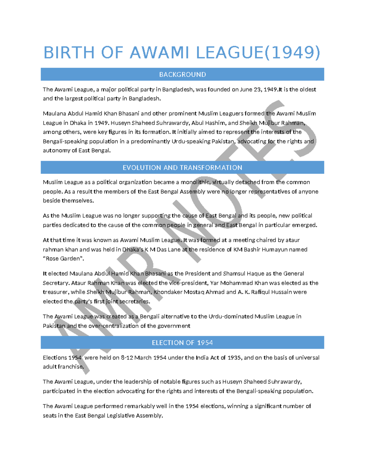 Birth of awami league - This has all the essential notes and summaries ...