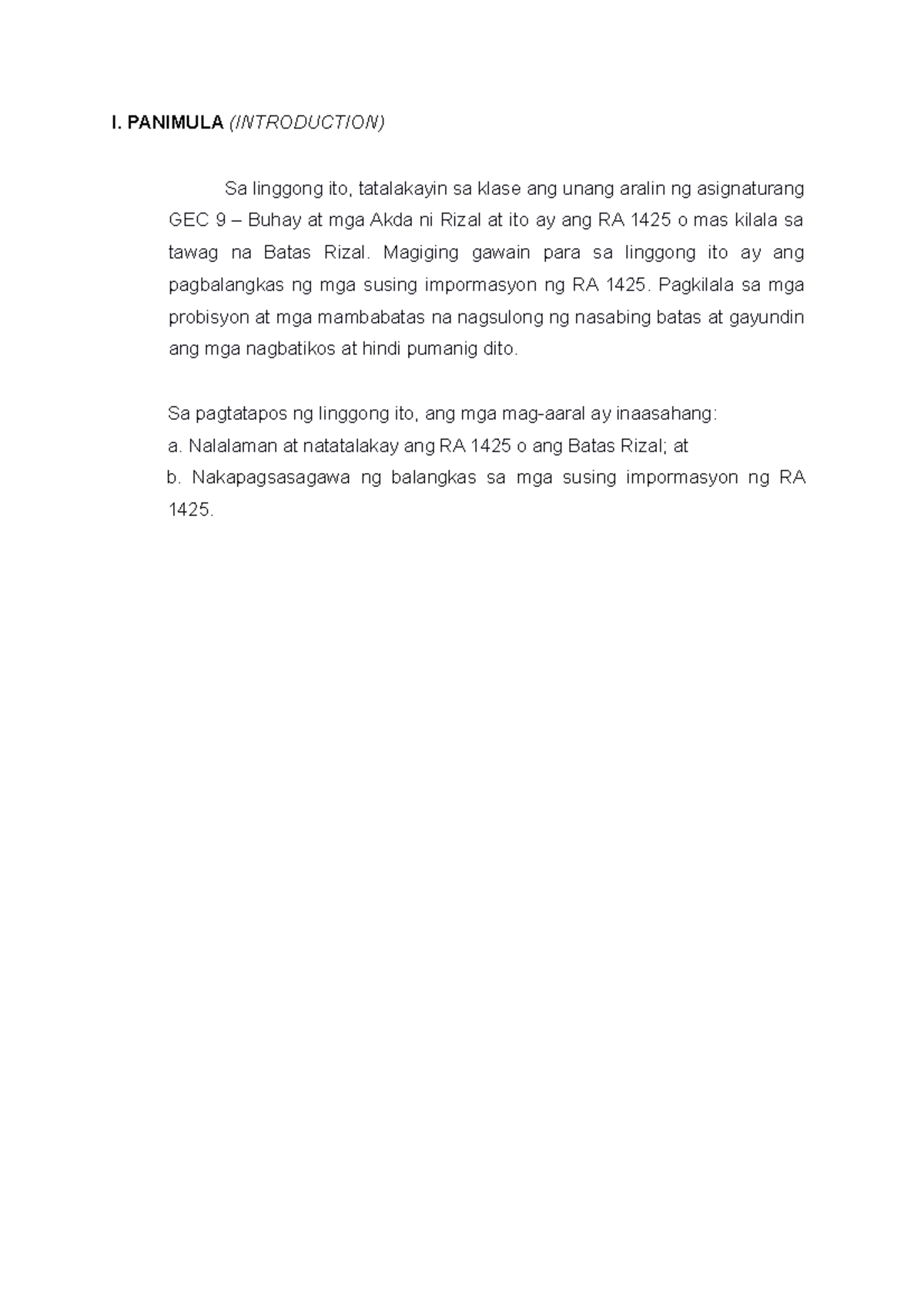 1. Introduction Week 2 - lecture notes - I. PANIMULA (INTRODUCTION) Sa ...