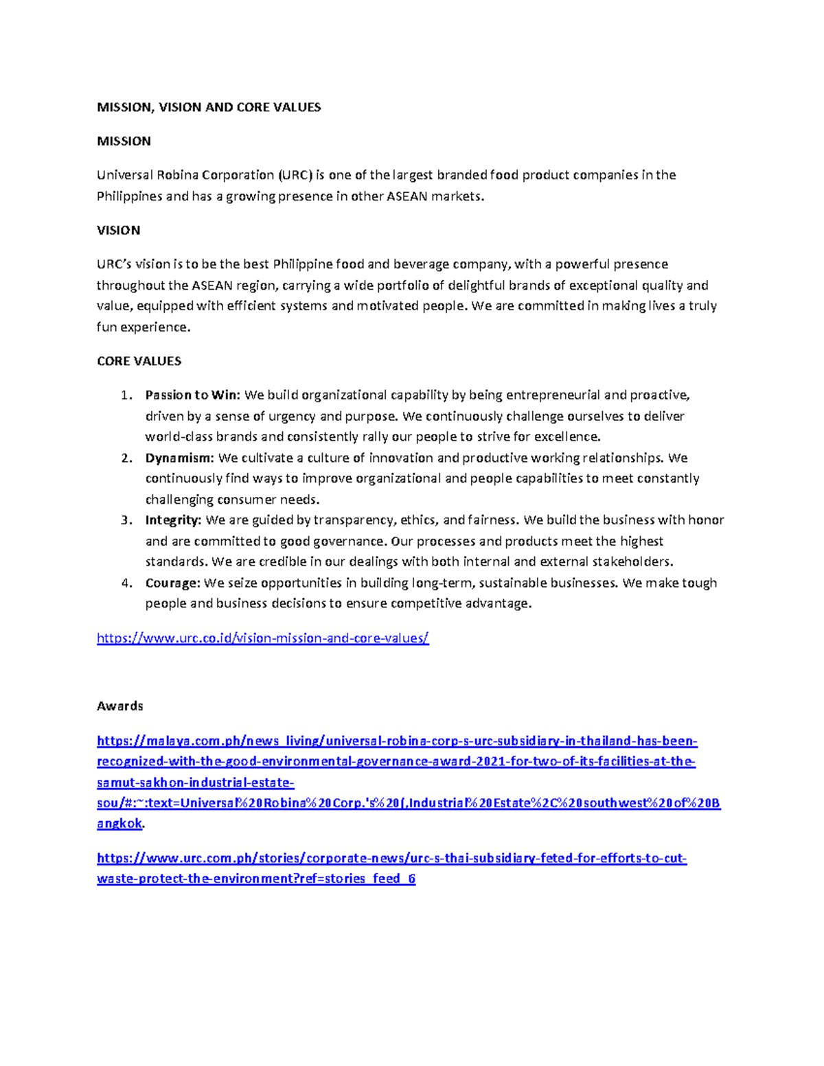 URC - fm report requirement - MISSION, VISION AND CORE VALUES MISSION ...