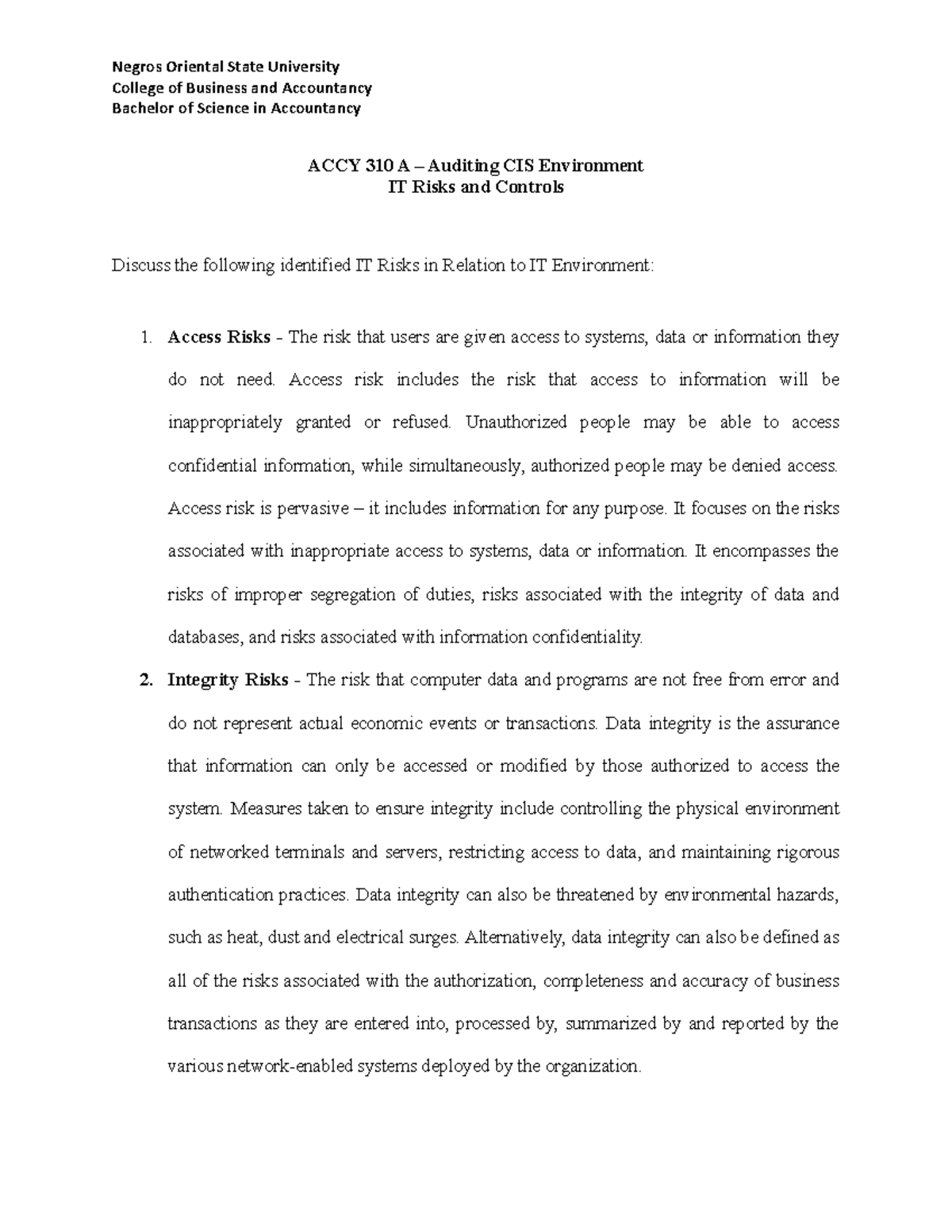 ACCY 310 - IT Risks and Controls - Auditing In A Cis Environment - Studocu