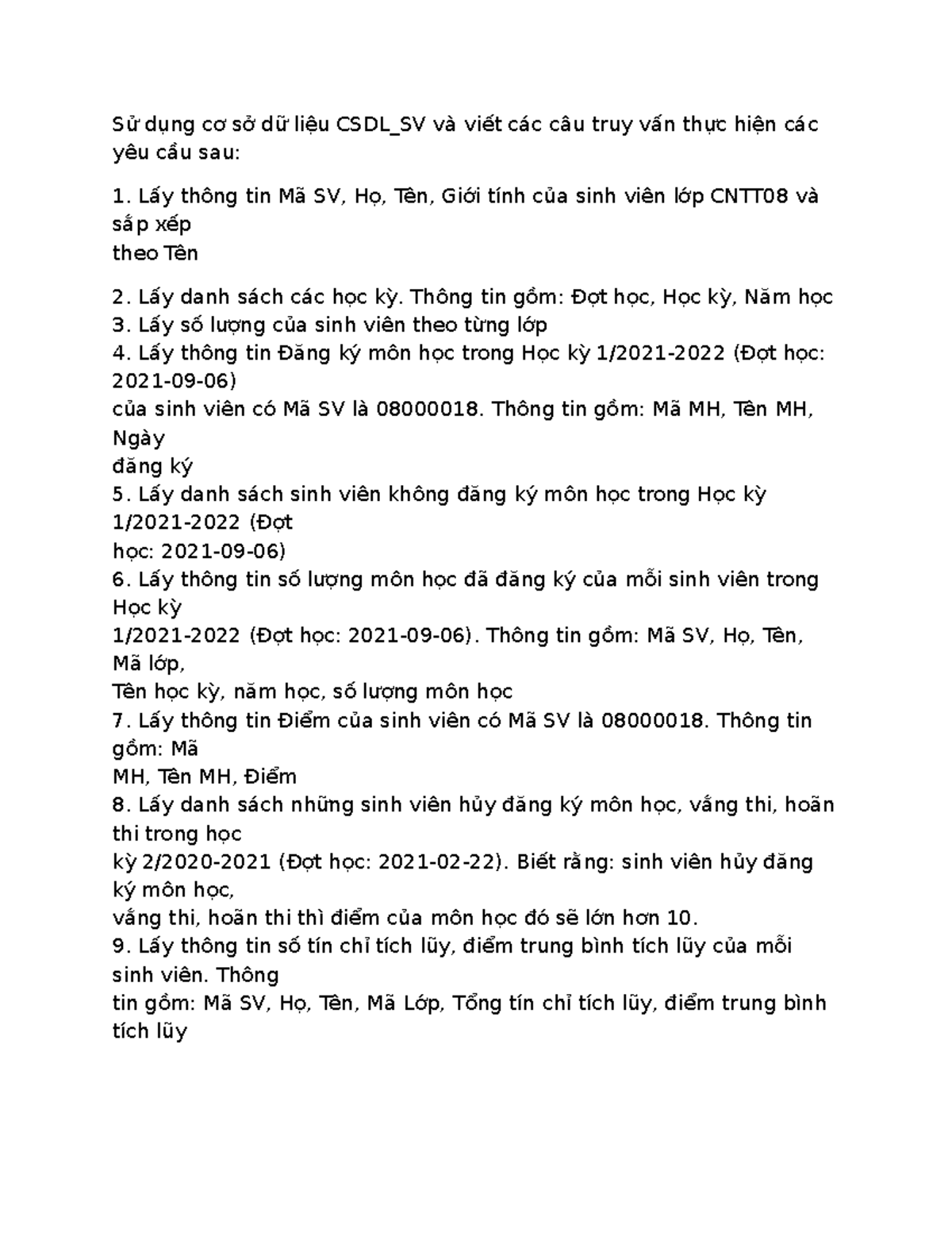 Bai Tap SQLServer SV - bai tap sql - Sử dụng cơ sở dữ liệu CSDL_SV và ...