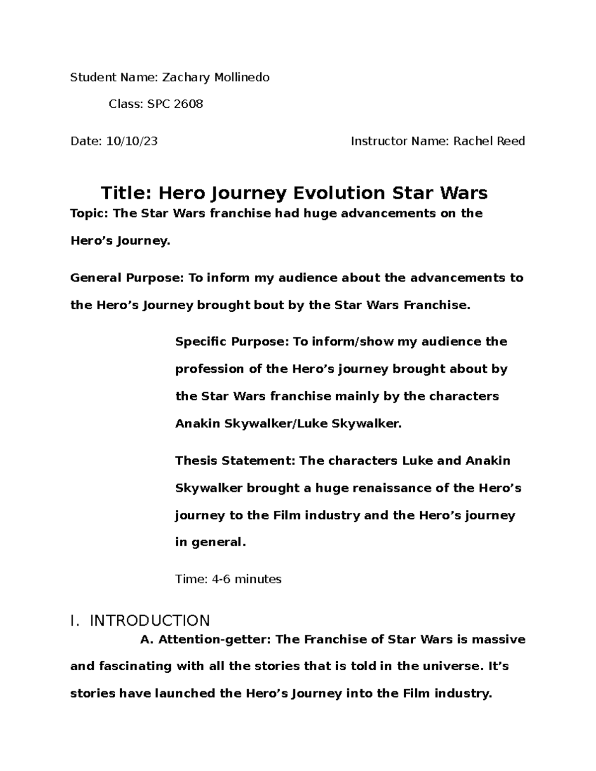 SPC 2608 Informative Speech (Star Wars Hero's Journey) Outline ...